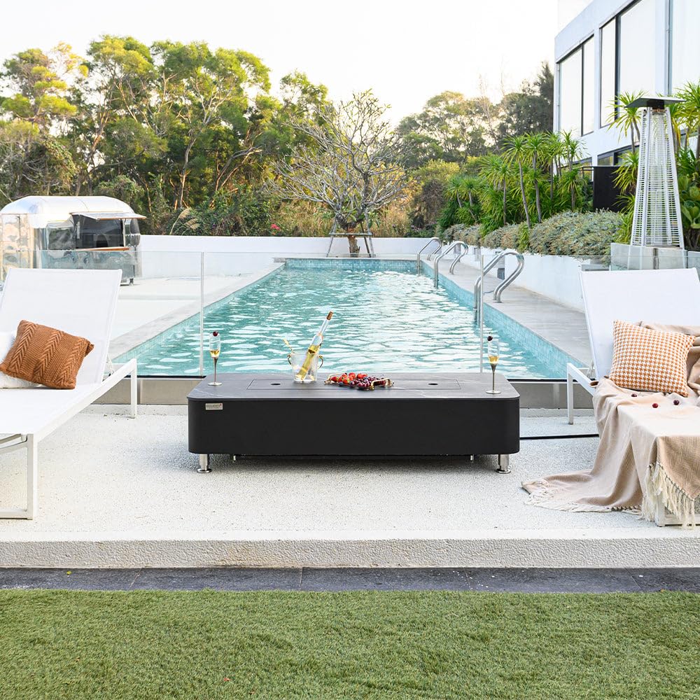 Valencia Concrete Fire Pit 62" x 30" Outdoor Patio Firepit Includes Fire Glass Modern Fire Pits & Outdoor Fireplaces for Garden, Deck, Indoor & Outdoor Heating