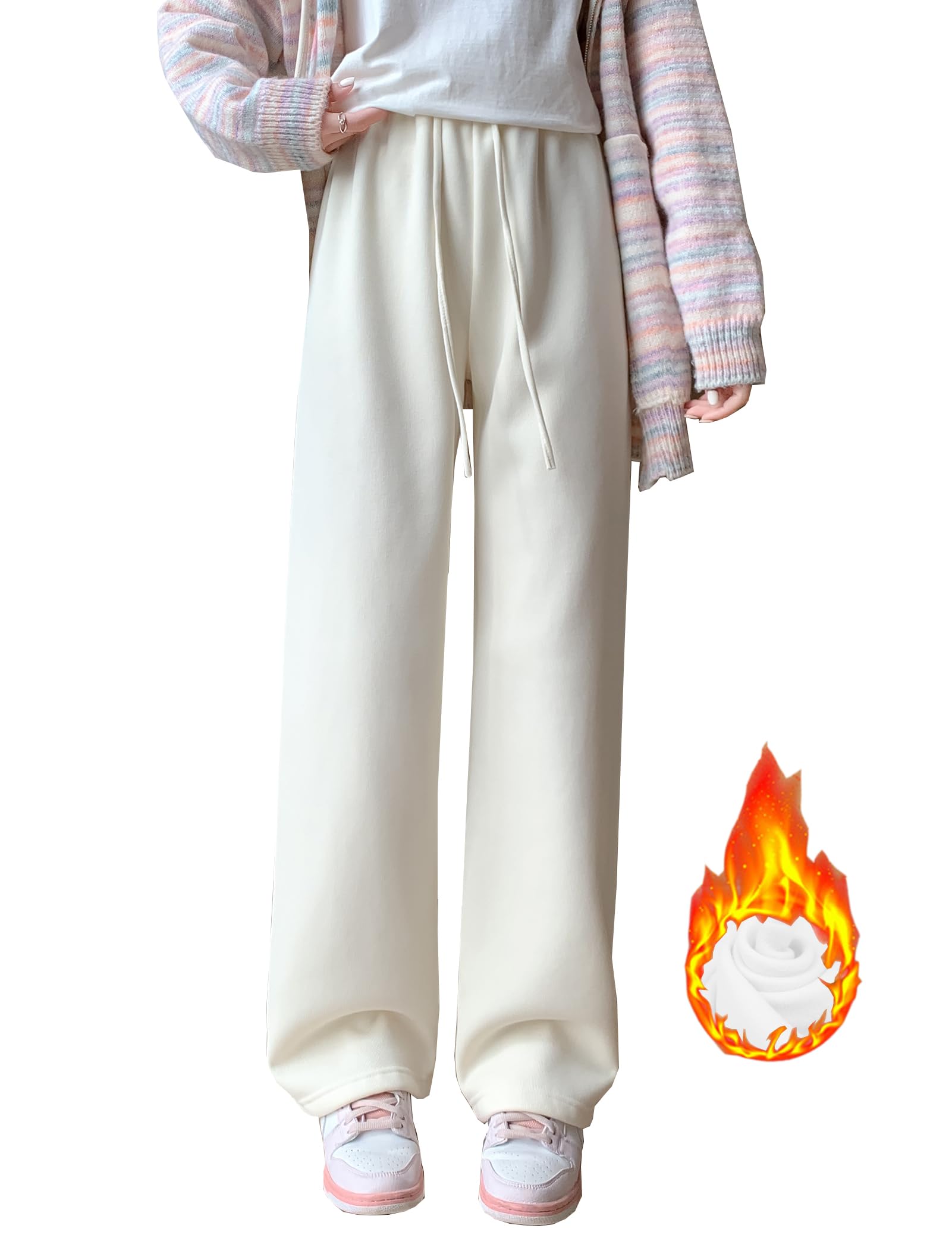 Kiench Teens Girls' Straight Leg Sweatpants Fleece Lined Baggy Joggers High Waisted Drawstring US Size 14-16/11-12 Years, Beige