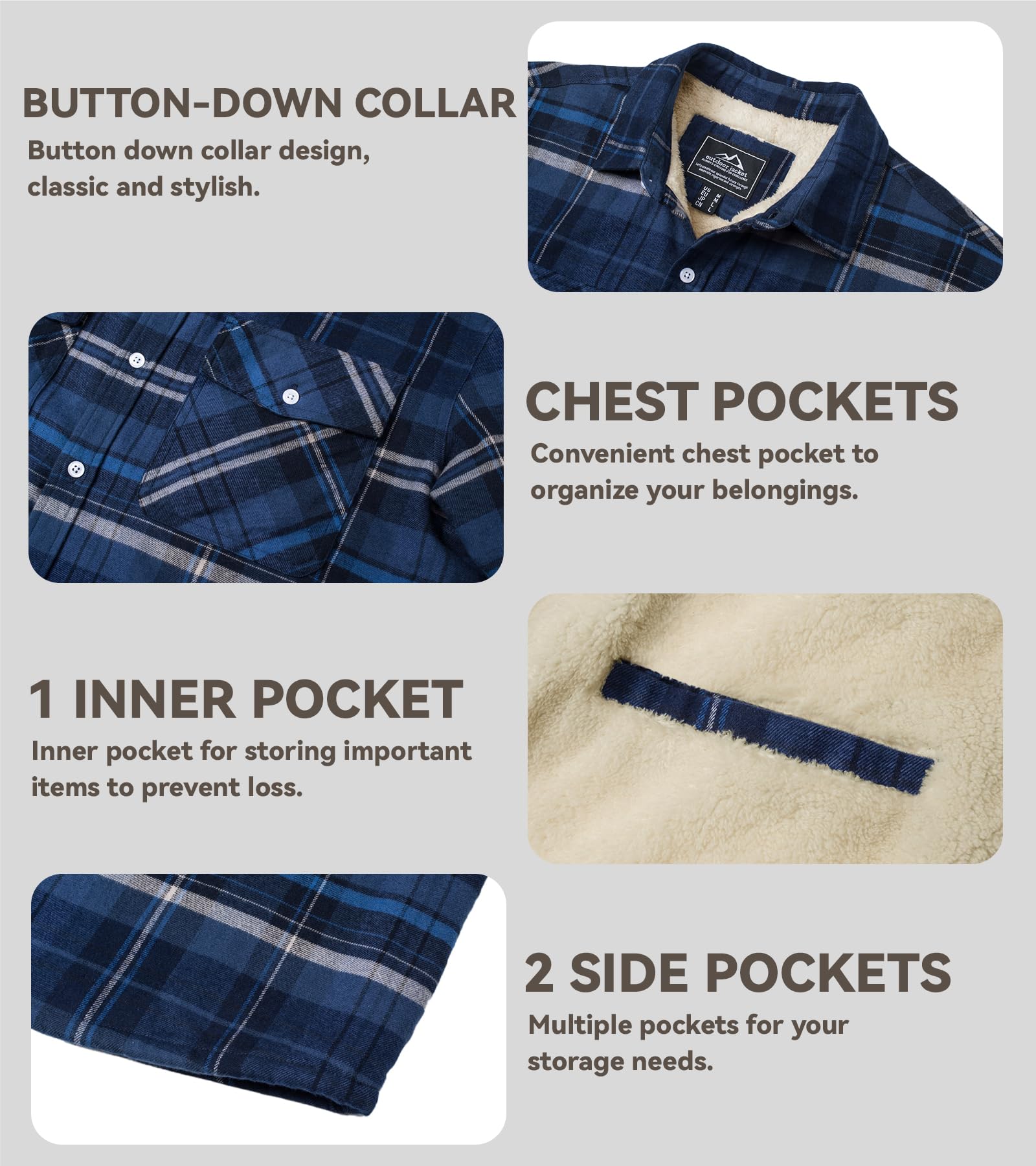 EKLENTSON Jacket for Men Fleece Flannel Plaid Jacket Casual Stylish Travel Coat Thermal Jacket Sherpa Coat Blue Grey 2XL