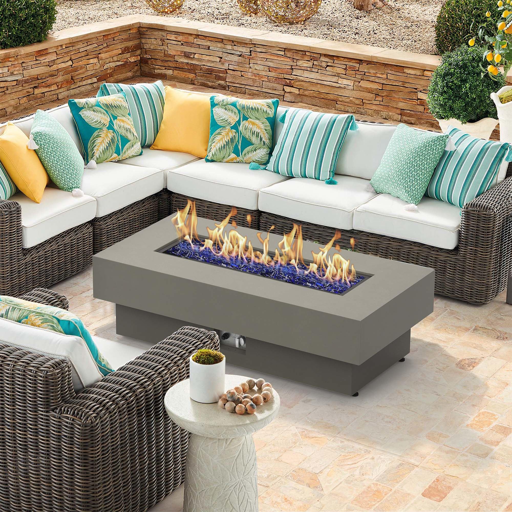BAIDE HOME 48-inch Fire Table with Natural Gas Conversion Kit, 50,000BTU Outdoor Modern Patio Fire Pit Table w/Rectangular Burner Lid, Glass Rocks, Cover