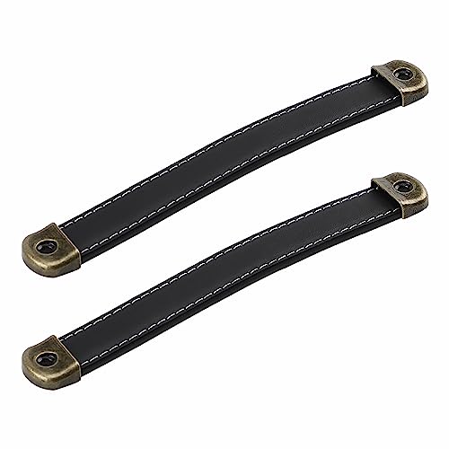 HUHUIAOH Leather Handle Brass Handle Wine Box Wardrobe Luggage, Shoe Cabinet Furniture Handle Hardware Accessories - 2 Pack (Black, 160mm(6-1/4in))
