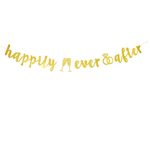 Happily Ever After Banner,Gold Glitter Wedding Bachelorette Engagement Hung Bunting Sign.