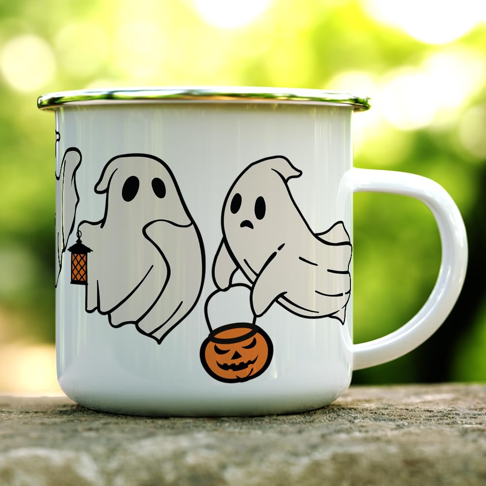Cute Retro Ghost Halloween Campfire Coffee Mug, Spooky Fall Season Outdoor Camping Cup (12oz)