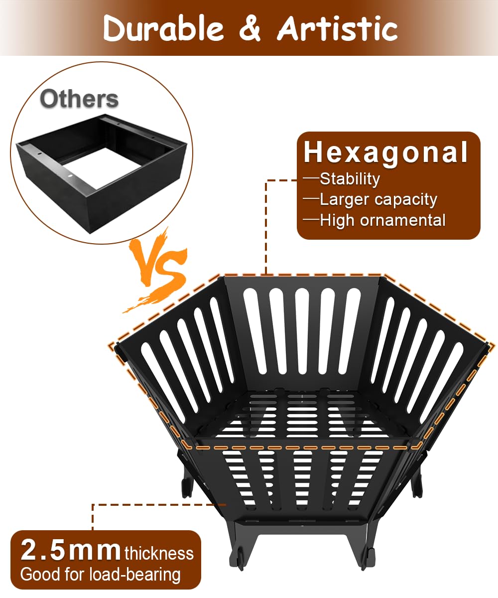 Waaliji 22.5 Inch Portable Plug Fire Pit for Camping, Detachable Outdoor Wood Burning Firepit with Carrying Bag for Outside Patio Heating, Picnic, Bonfire and BBQ, Vertical Hollow Style