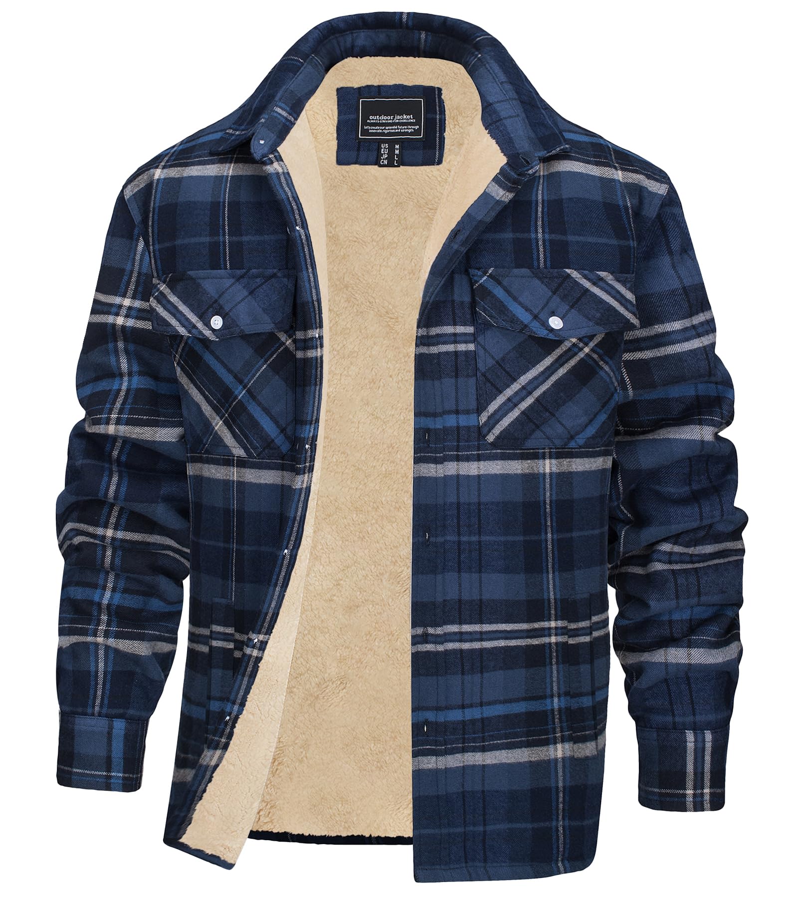 EKLENTSON Jacket for Men Fleece Flannel Plaid Jacket Casual Stylish Travel Coat Thermal Jacket Sherpa Coat Blue Grey 2XL
