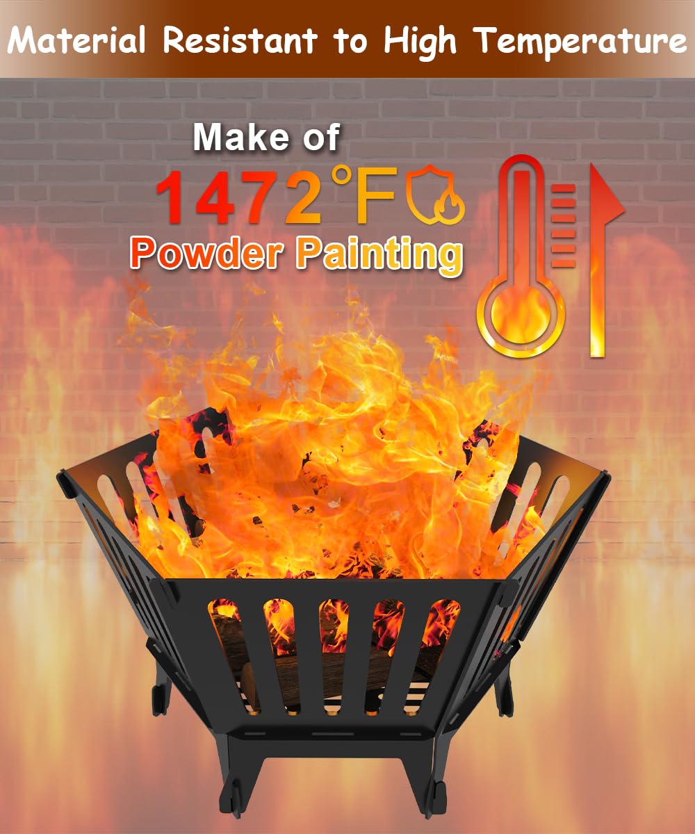 Waaliji 22.5 Inch Portable Plug Fire Pit for Camping, Detachable Outdoor Wood Burning Firepit with Carrying Bag for Outside Patio Heating, Picnic, Bonfire and BBQ, Vertical Hollow Style