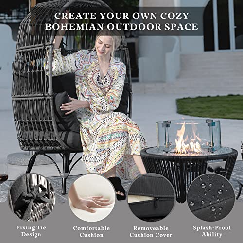 BULEXYARD 3 Piece Outdoor Egg Chair with Propane Fire Pit Table, Wicker Patio Egg Chair Set w/Natural Gas Firepit for Backyard, Porch, Deck (Dark Grey)