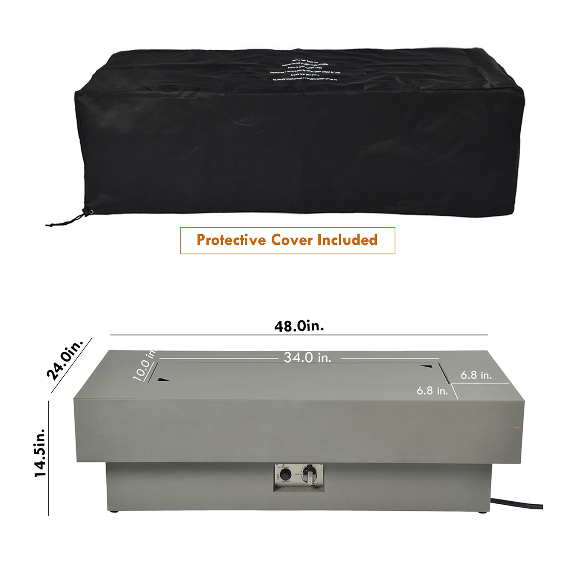 BAIDE HOME 48-inch Fire Table with Natural Gas Conversion Kit, 50,000BTU Outdoor Modern Patio Fire Pit Table w/Rectangular Burner Lid, Glass Rocks, Cover