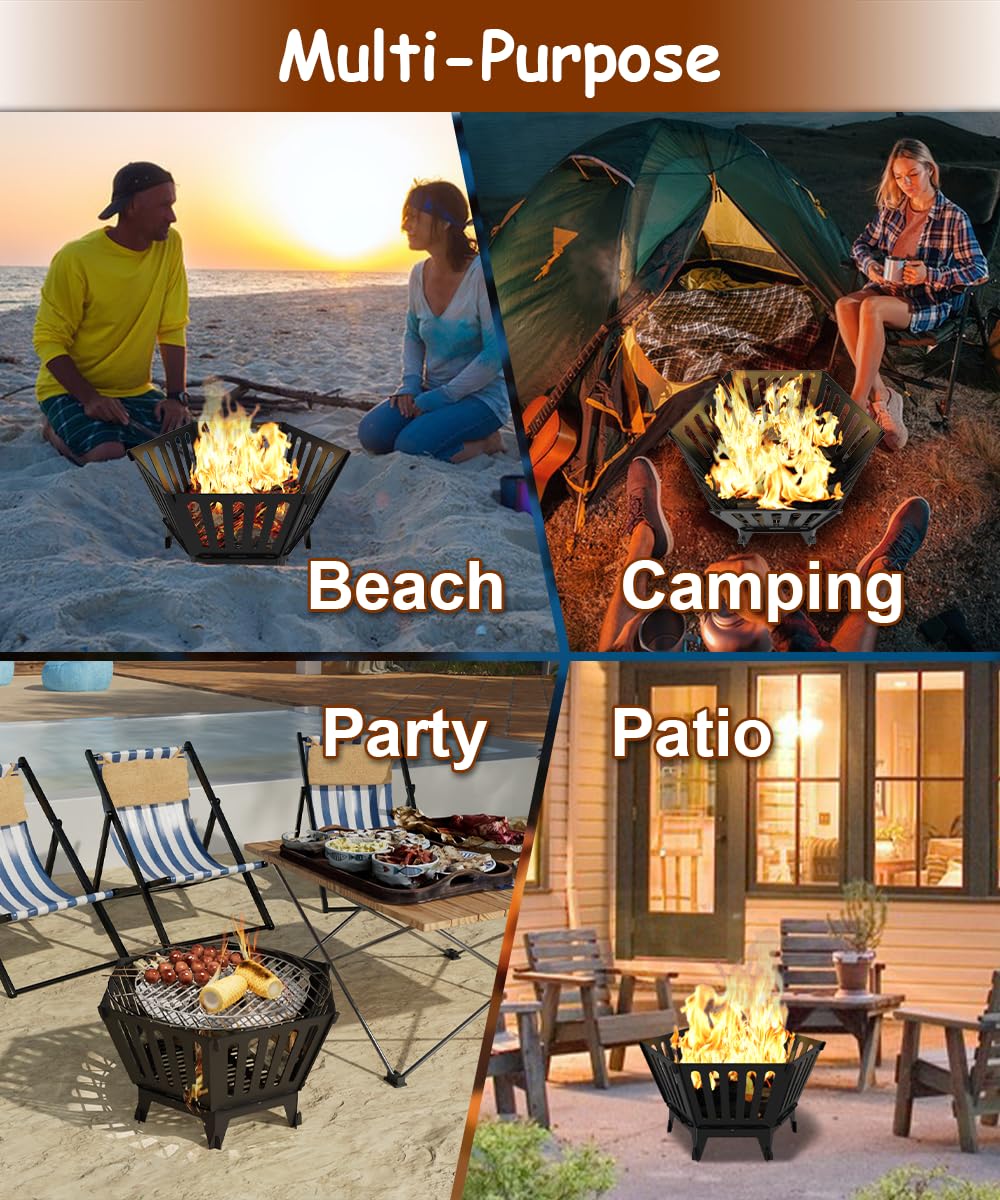 Waaliji 22.5 Inch Portable Plug Fire Pit for Camping, Detachable Outdoor Wood Burning Firepit with Carrying Bag for Outside Patio Heating, Picnic, Bonfire and BBQ, Vertical Hollow Style