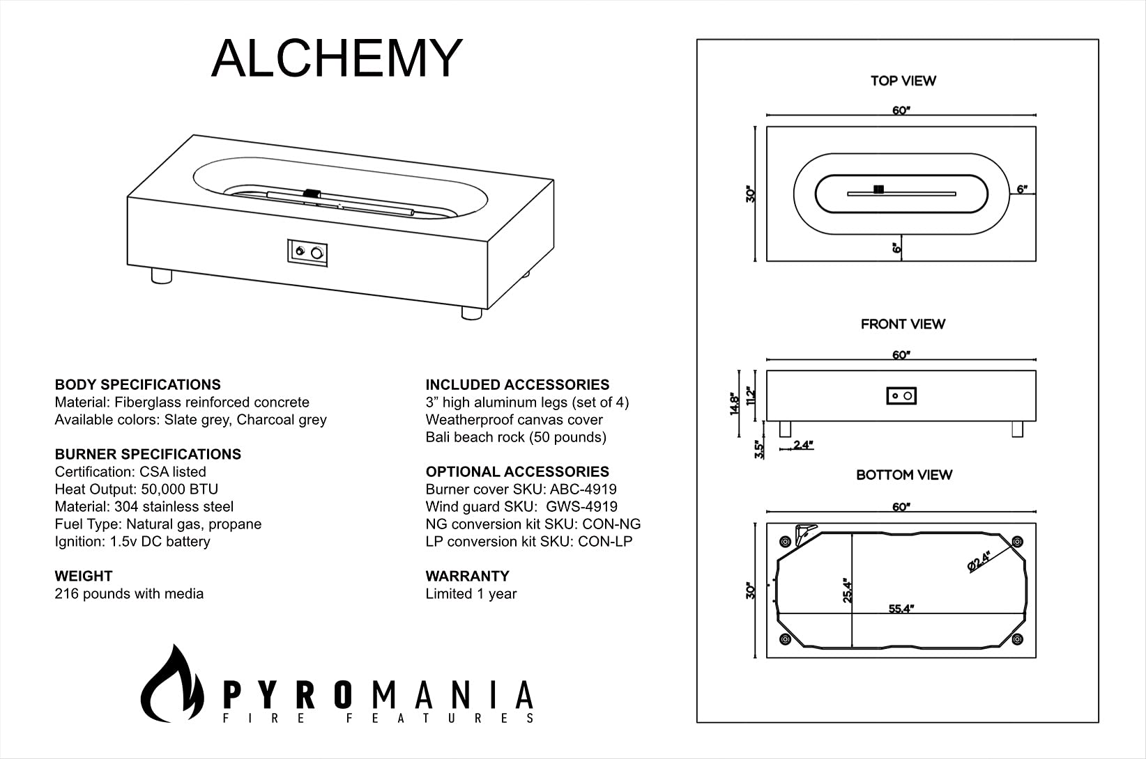Pyromania Alchemy Outdoor Concrete Fire Pit Table, 60 x 30 Inches - Natural Gas Model in Slate Gray Color