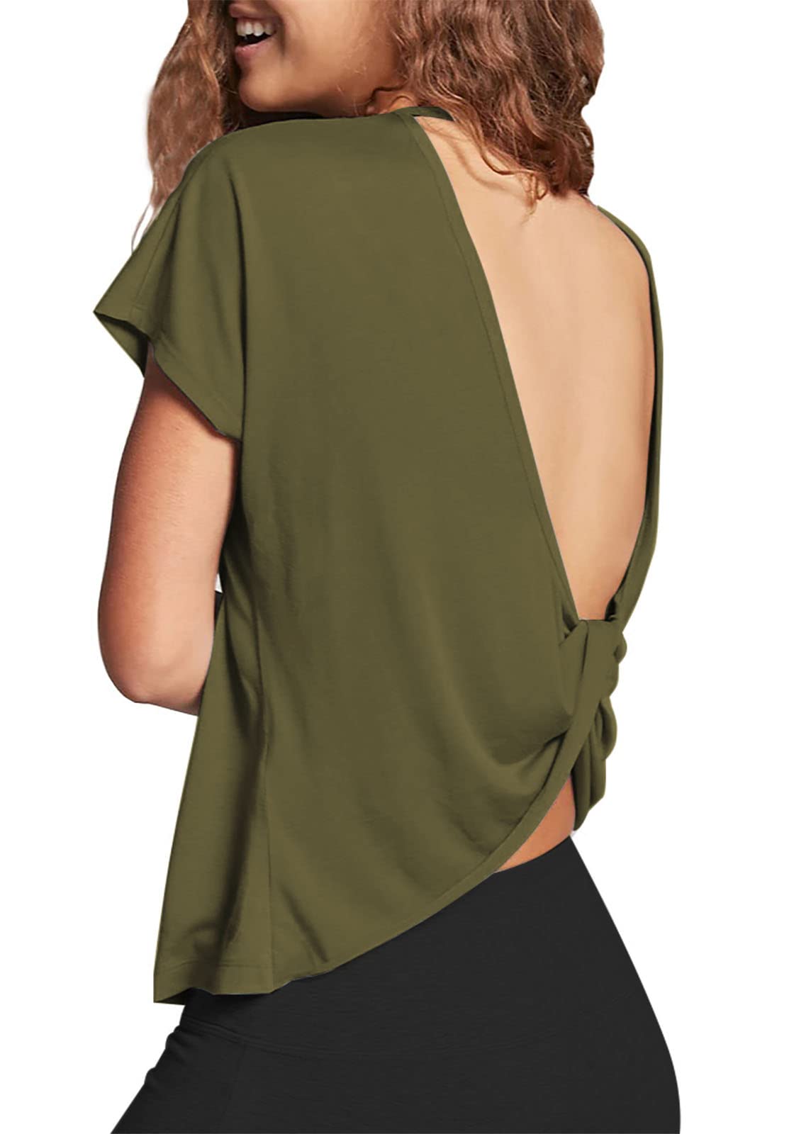 Mippo Workout Shirts Gym Tops Open Back Backless Top Athletic Gym Clothes Short Sleeve Work Out Tops for Women Army Green S