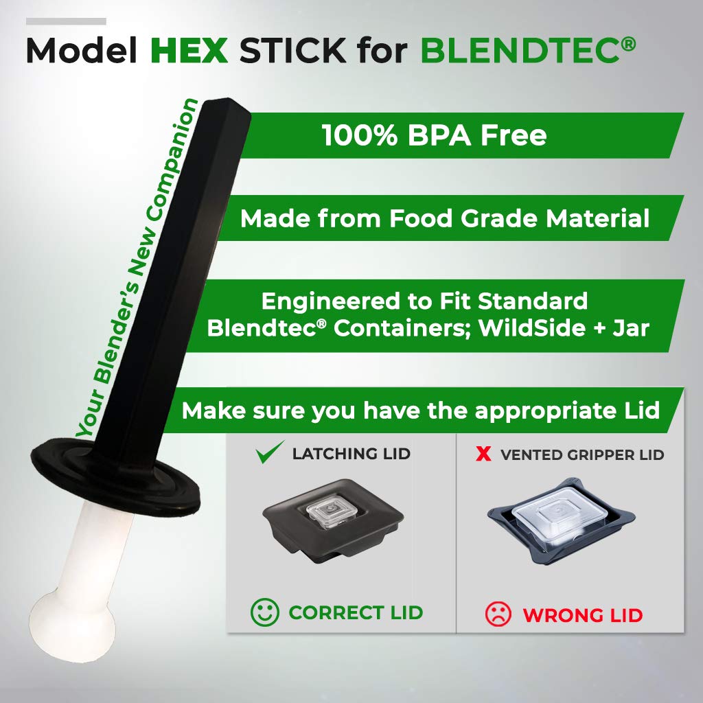 Tamper Fits Blendtec LATCHING Lid Version [ NO MORE AIR POCKETS ] Fits 'Latching' Lid Blendtec Blenders only