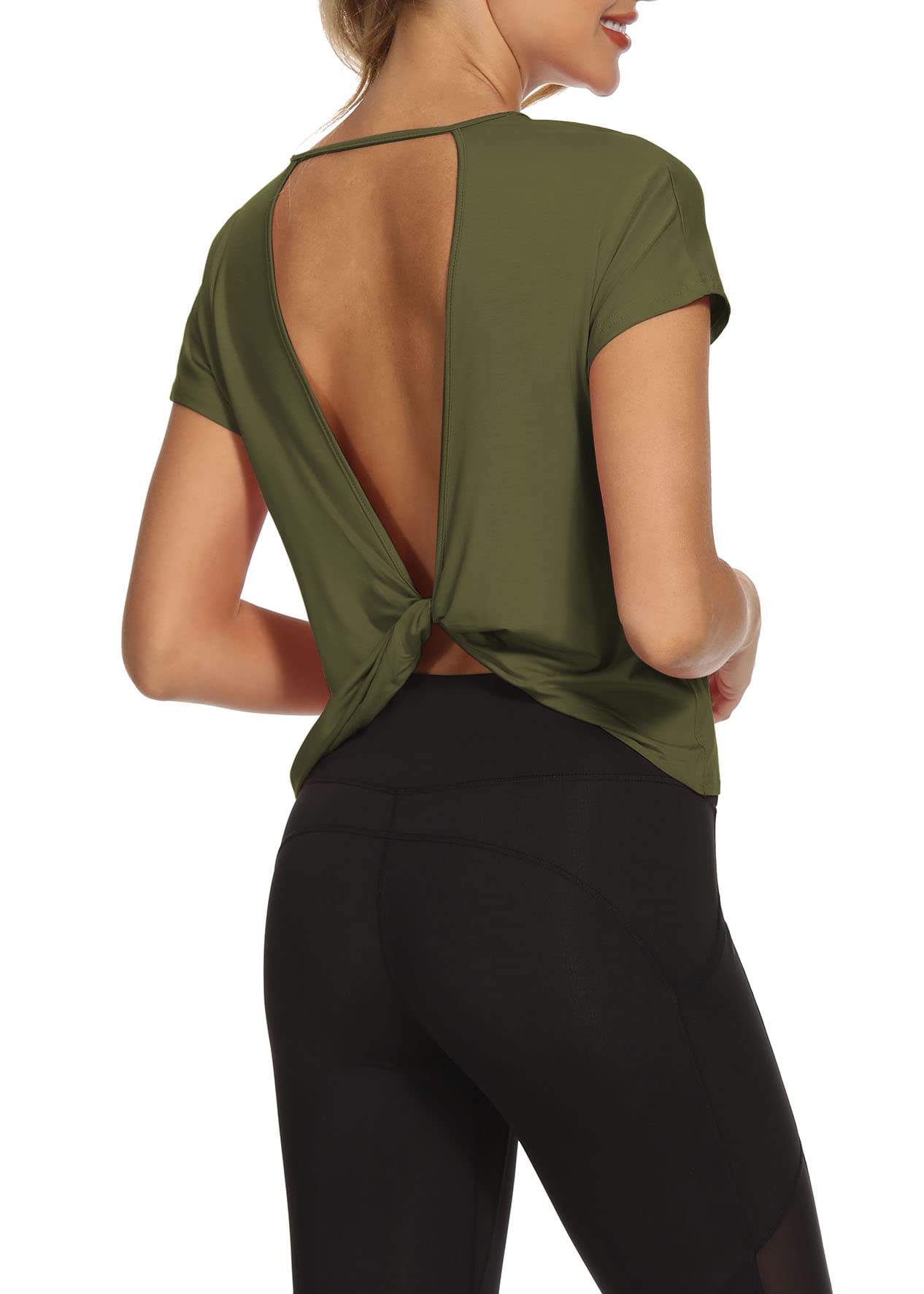 Mippo Workout Shirts Gym Tops Open Back Backless Top Athletic Gym Clothes Short Sleeve Work Out Tops for Women Army Green S