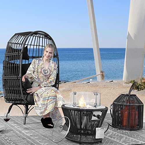 BULEXYARD 3 Piece Outdoor Egg Chair with Propane Fire Pit Table, Wicker Patio Egg Chair Set w/Natural Gas Firepit for Backyard, Porch, Deck (Dark Grey)