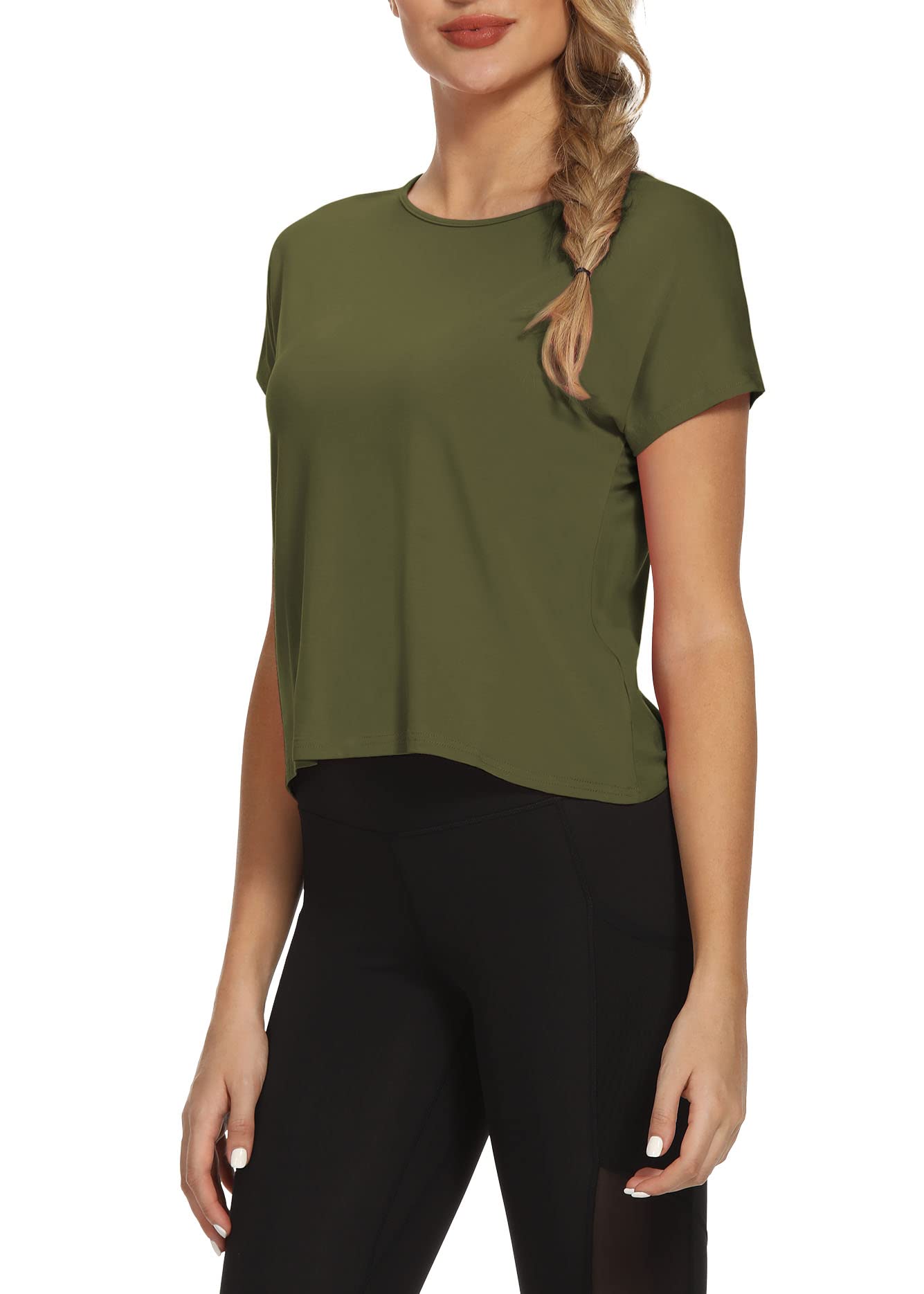 Mippo Workout Shirts Gym Tops Open Back Backless Top Athletic Gym Clothes Short Sleeve Work Out Tops for Women Army Green S