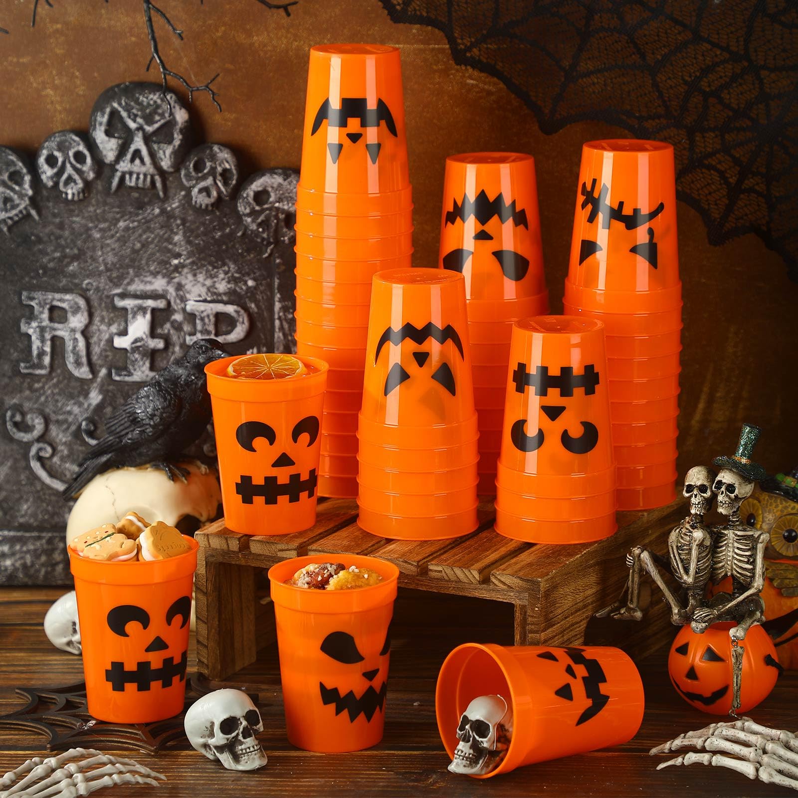 Sliner 60 Pieces Halloween Jack O Lantern Cups 12 oz Plastic Scary Printed Pumpkin Design Cup Reusable Orange Cute Halloween Party Supplies for Liquor Juice Hot Cold Drinks Coffee Kitchen Adult Kids