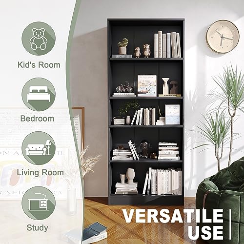 VICLLAX 5-Shelf Wood Bookcase, Wide Adjustable Open Bookshelf, Tall Display Storage Shelf for Living Room, Bedroom, Kids Room, Office, Black