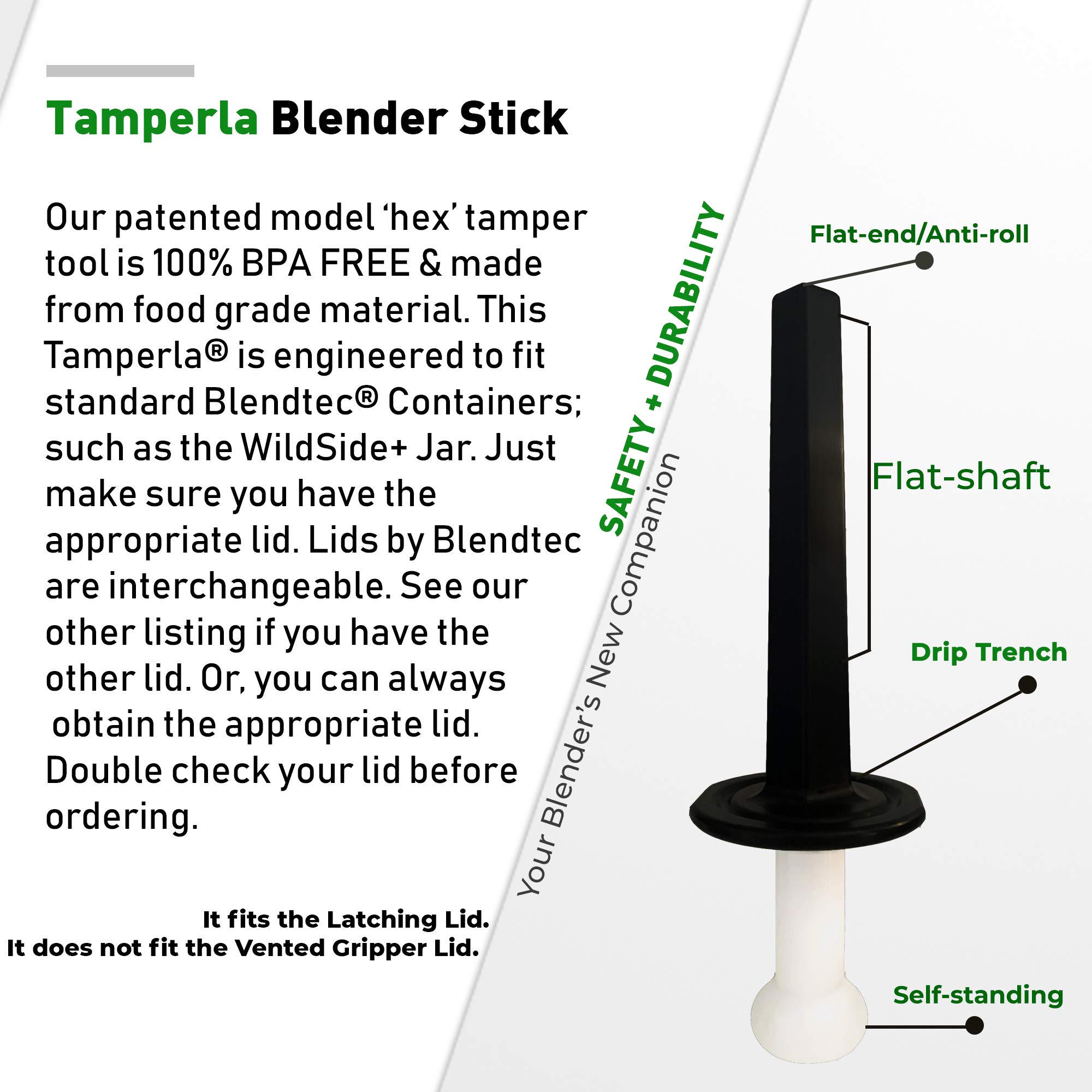 Tamper Fits Blendtec LATCHING Lid Version [ NO MORE AIR POCKETS ] Fits 'Latching' Lid Blendtec Blenders only