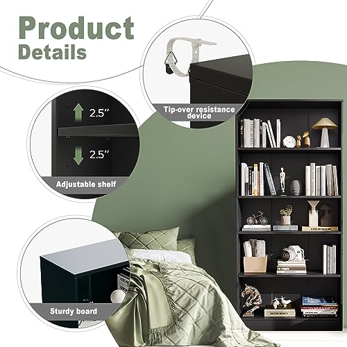 VICLLAX 5-Shelf Wood Bookcase, Wide Adjustable Open Bookshelf, Tall Display Storage Shelf for Living Room, Bedroom, Kids Room, Office, Black