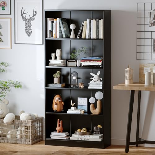 VICLLAX 5-Shelf Wood Bookcase, Wide Adjustable Open Bookshelf, Tall Display Storage Shelf for Living Room, Bedroom, Kids Room, Office, Black