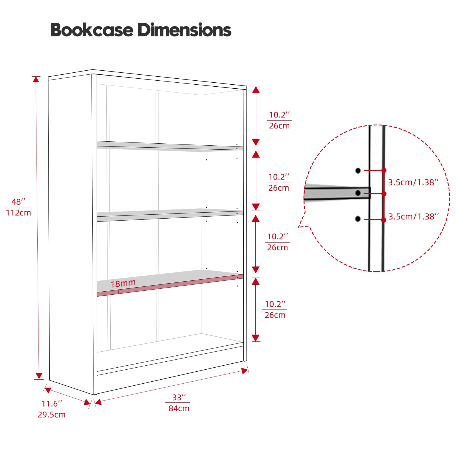 Sunon Wood Bookcase 4-Shelf Freestanding Display Wooden Bookshelf for Home Office School (11.6'' D*33'' W*48'' H,Black)