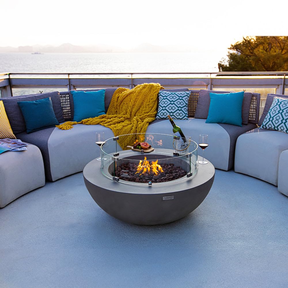 Lunar Bowl Concrete Fire Pit 42" x 42" Outdoor Patio Firepit Includes Lava Rocks Modern Fire Pits & Outdoor Fireplaces for Garden, Deck, Indoor & Outdoor Heating