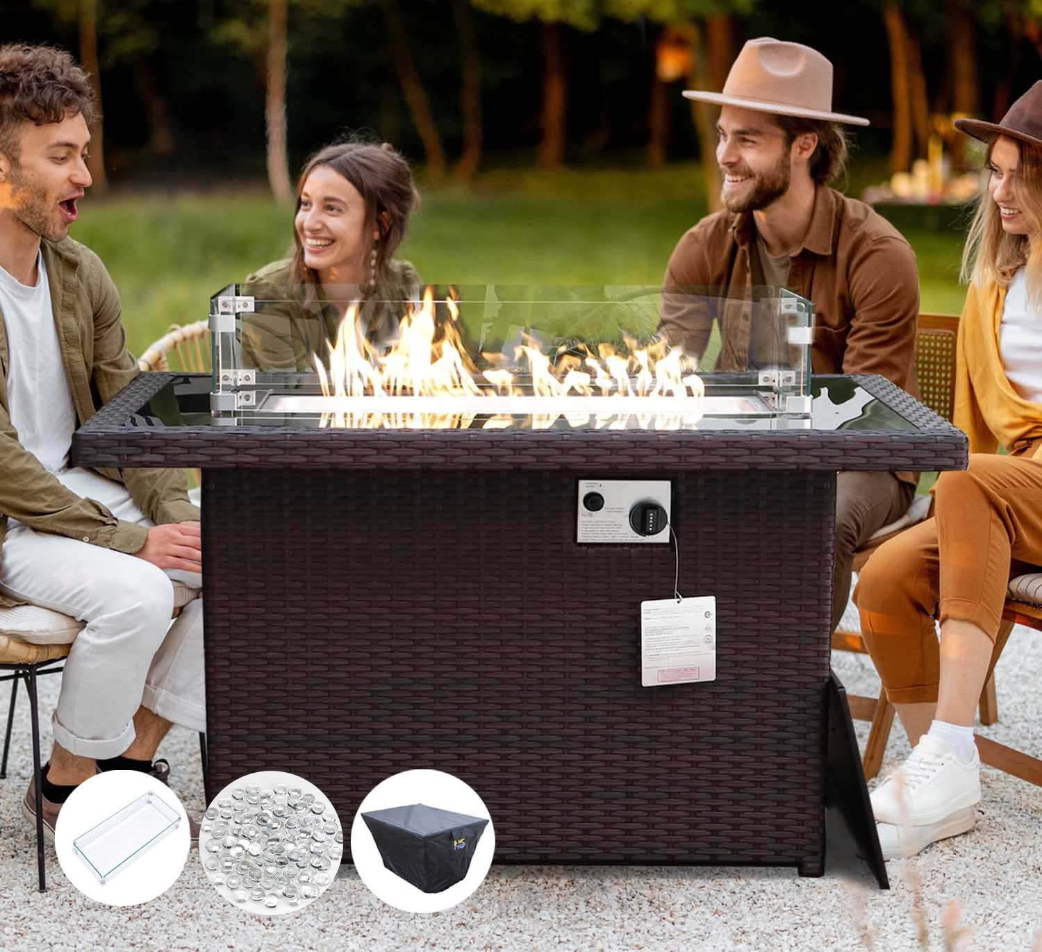 NICESOUL Wicker Outdoor Fire Pit Table Natural Gas/Propane, 43'' Rectangular Firepit Table for Outside, 55000 BTU Patio Fireplace Tables with Windguard&Glass Rocks&Cover, Modern CSA Firepits, Brown