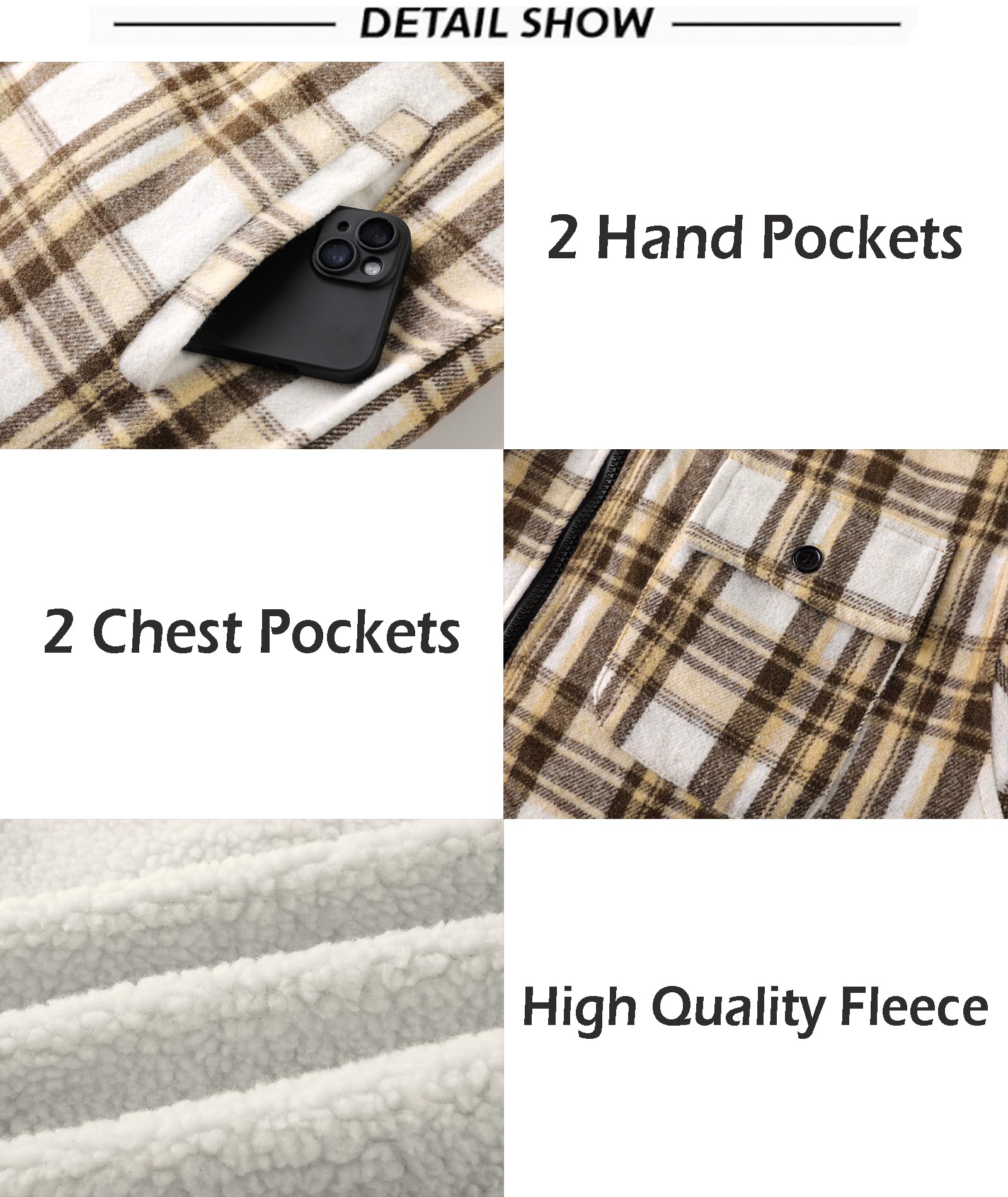 SCODI Men's Flannel Shirt Jacket Fleece Sherpa Lined Plaid Jackets Coat Full Zip Up Hoodie Winter Outwear Khaki X-Large
