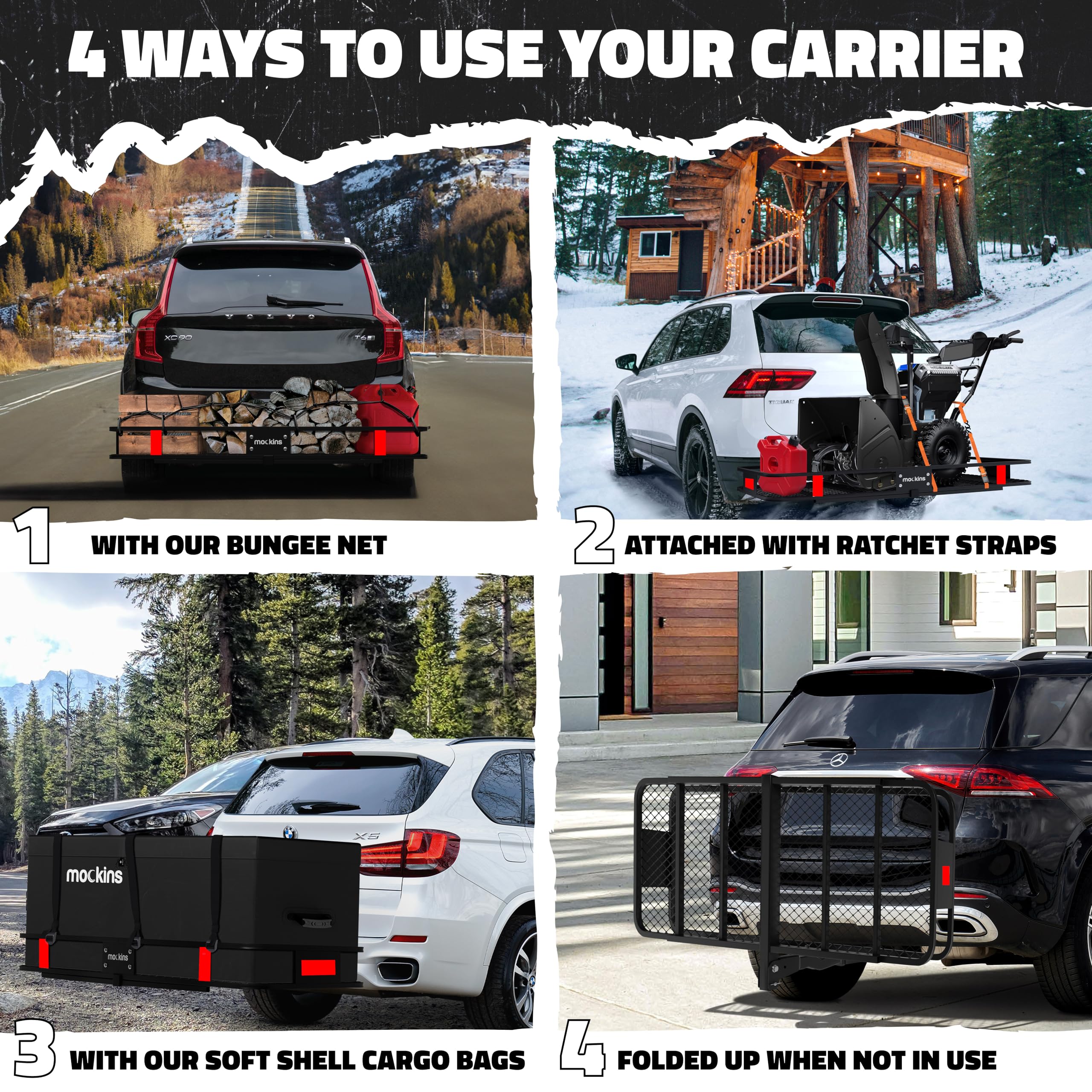 Mockins 60"x20"x6" Folding Trailer Hitch Cargo Carrier Weatherproof | 500 Lbs Cap Luggage Rack for SUV, Cars & Trucks| Universal 2" Receiver Hitch Cargo Rack with Car Carrier Accessories
