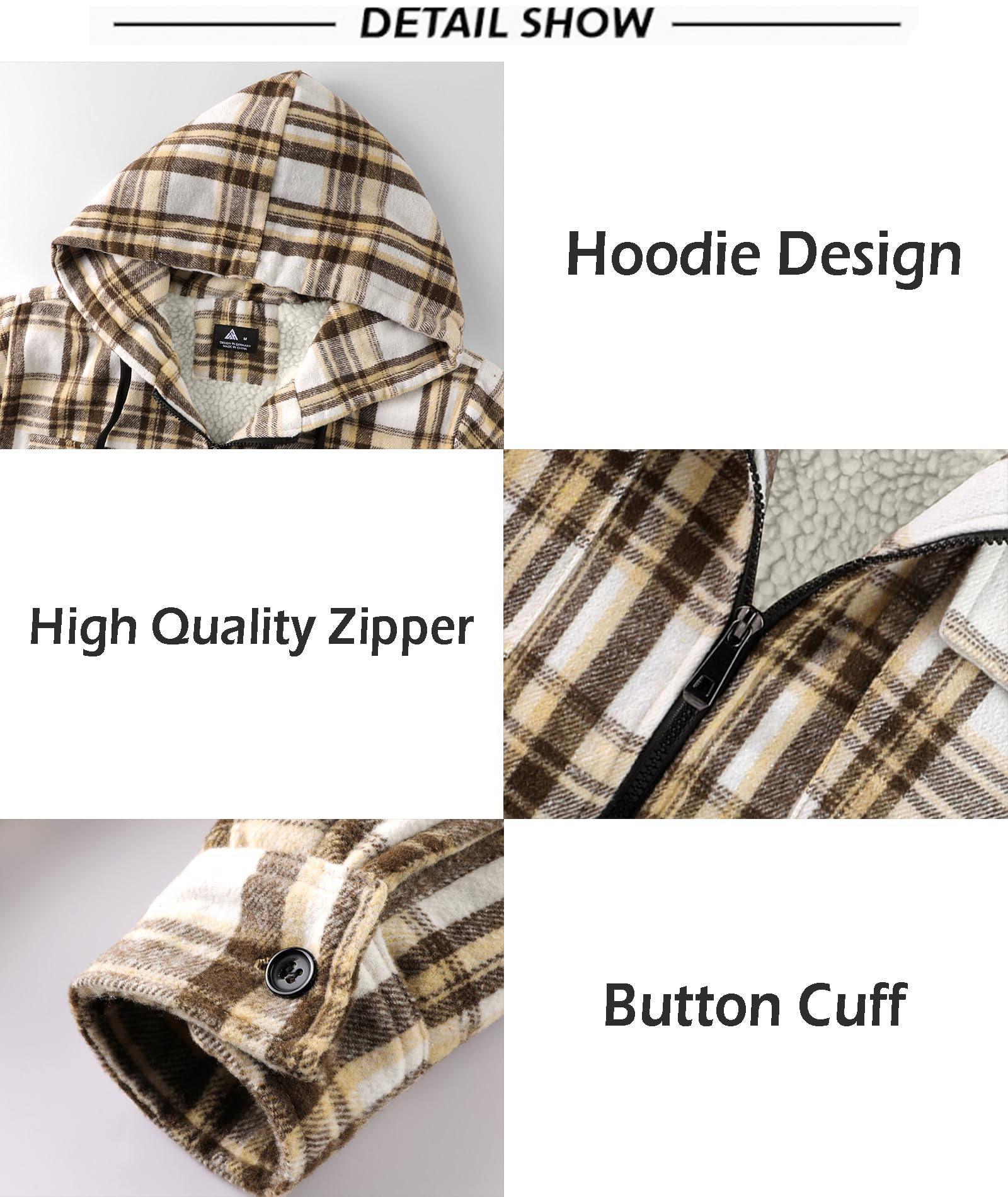 SCODI Men's Flannel Shirt Jacket Fleece Sherpa Lined Plaid Jackets Coat Full Zip Up Hoodie Winter Outwear Khaki X-Large