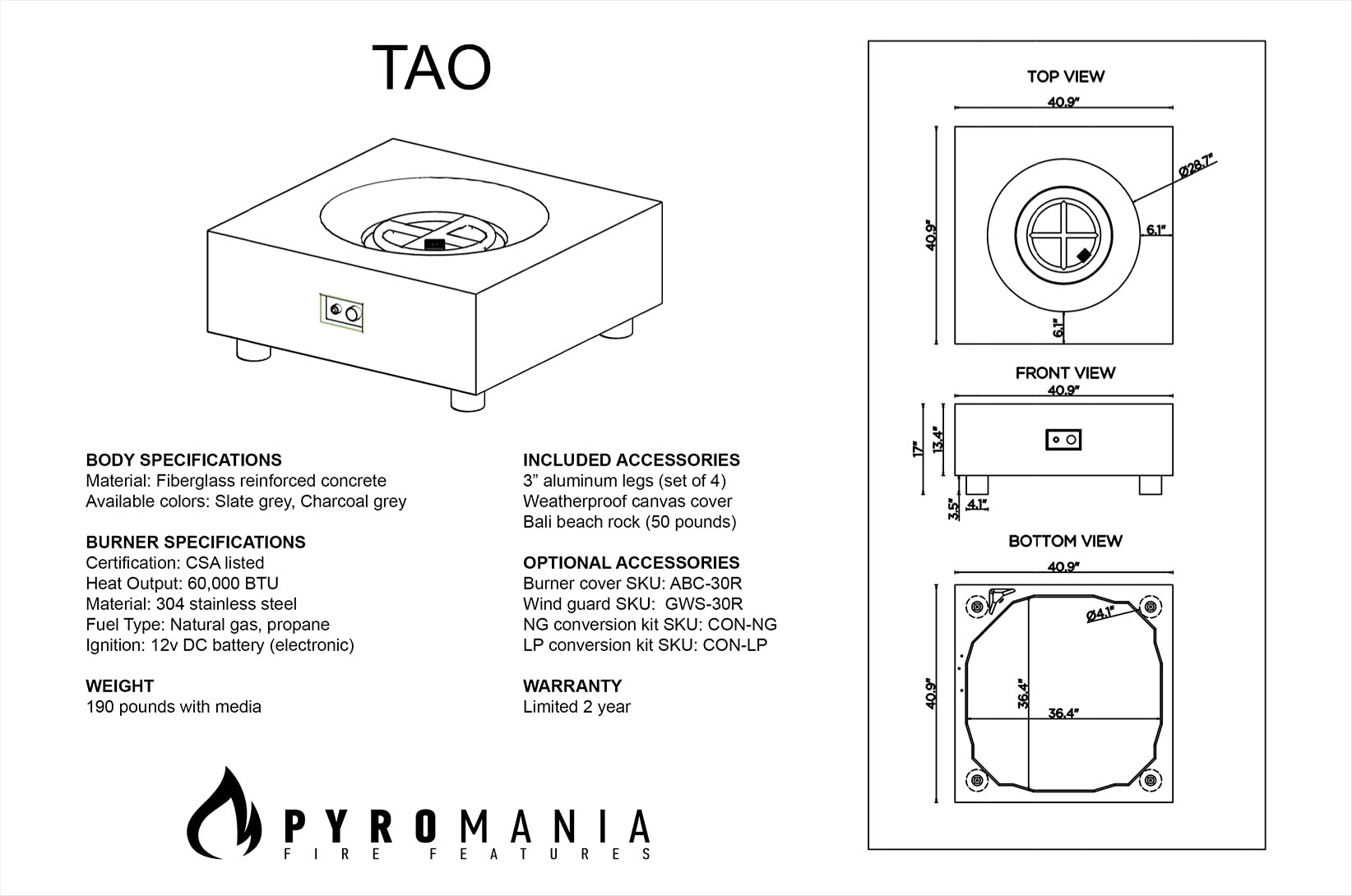 PyroMania Tao Outdoor Concrete Fire Table, 41 x 41 Inches - Natural Gas Model in Slate Gray Color