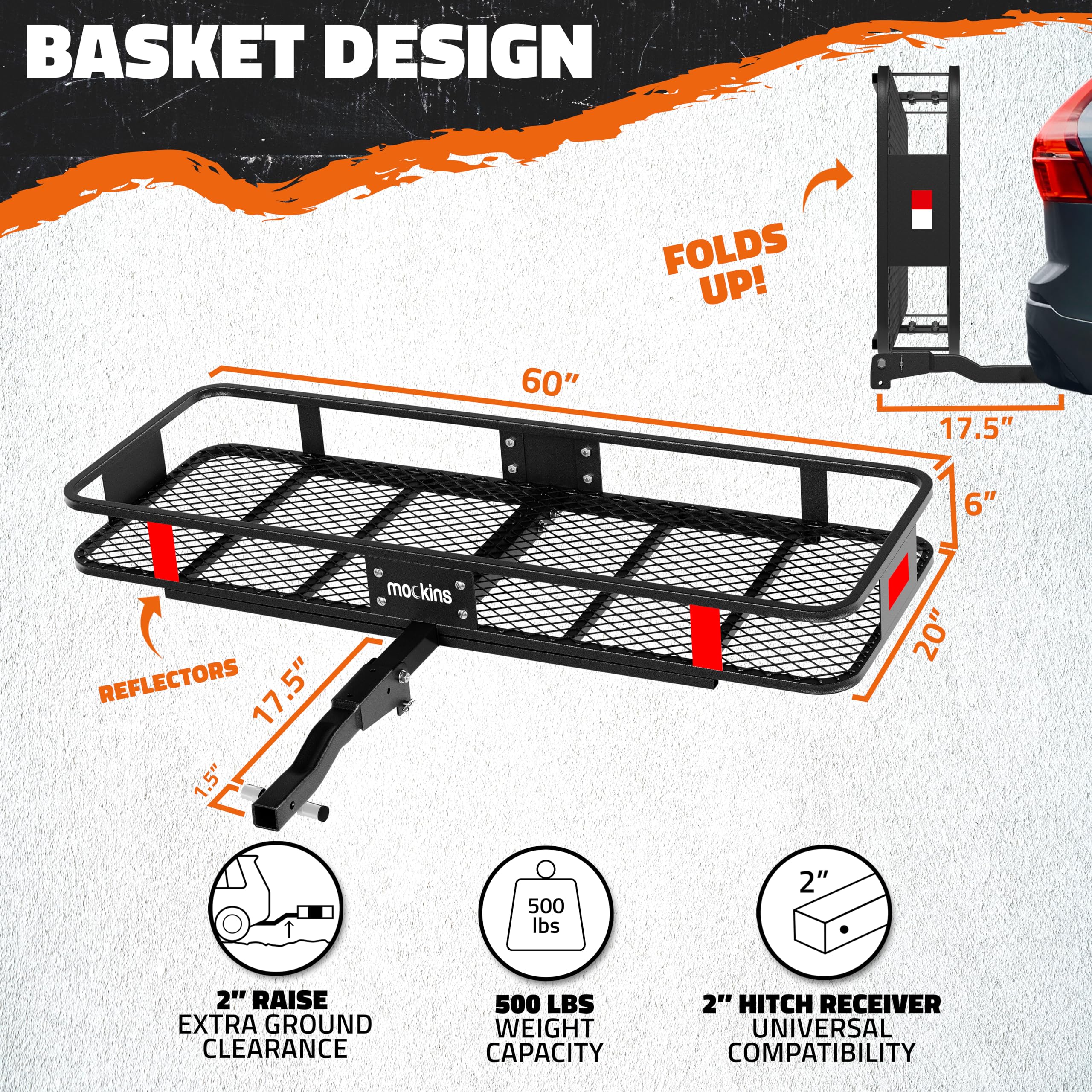 Mockins 60"x20"x6" Folding Trailer Hitch Cargo Carrier Weatherproof | 500 Lbs Cap Luggage Rack for SUV, Cars & Trucks| Universal 2" Receiver Hitch Cargo Rack with Car Carrier Accessories