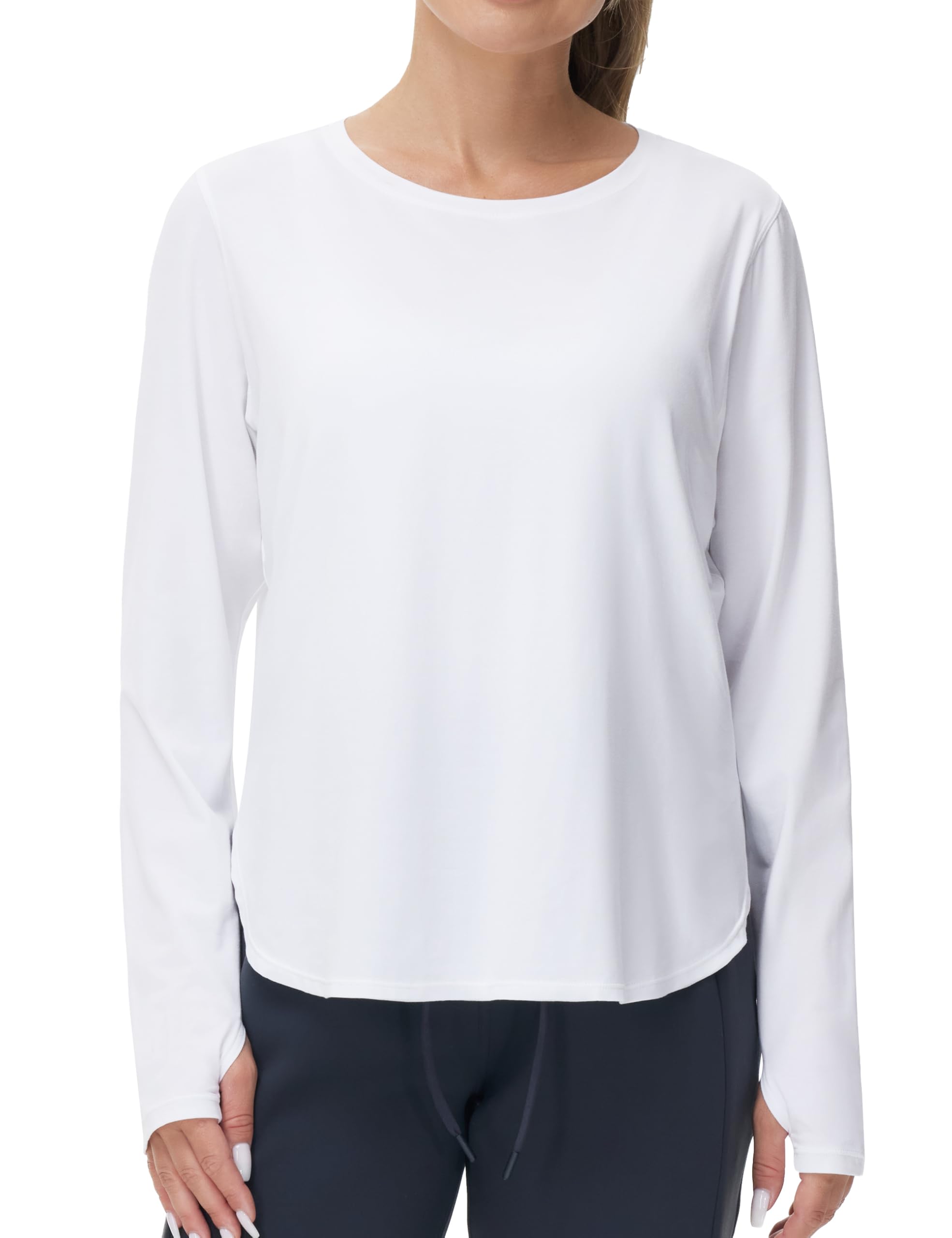 THE GYM PEOPLE Women's Long Sleeve Workout Shirts Lightweight Cotton Running Yoga Tops with Thumb Hole White