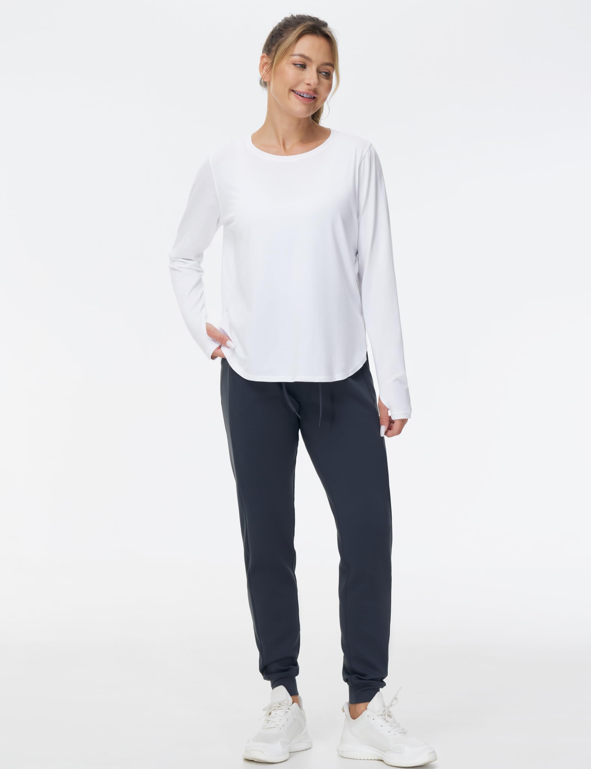 THE GYM PEOPLE Women's Long Sleeve Workout Shirts Lightweight Cotton Running Yoga Tops with Thumb Hole White