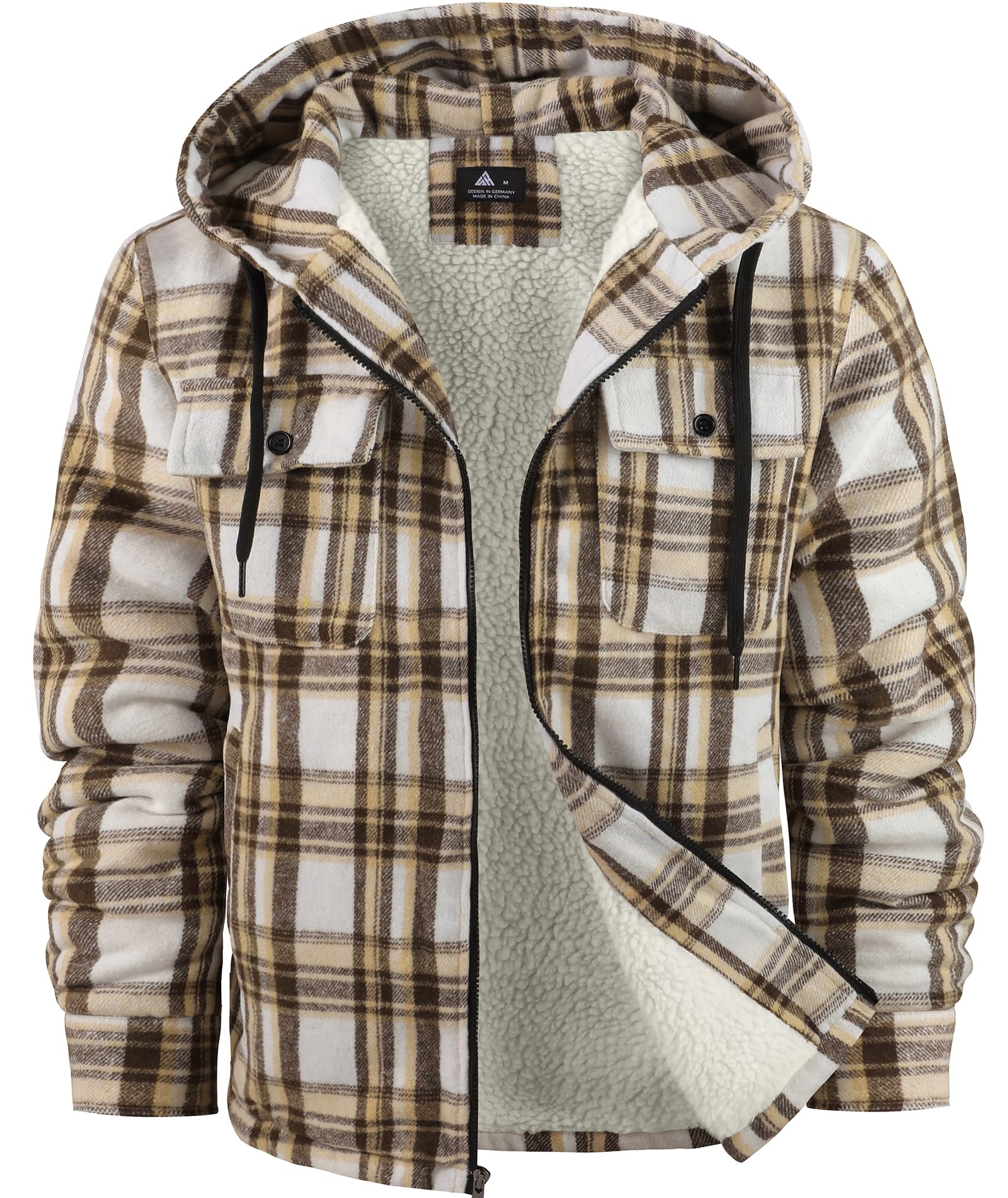 SCODI Men's Flannel Shirt Jacket Fleece Sherpa Lined Plaid Jackets Coat Full Zip Up Hoodie Winter Outwear Khaki X-Large