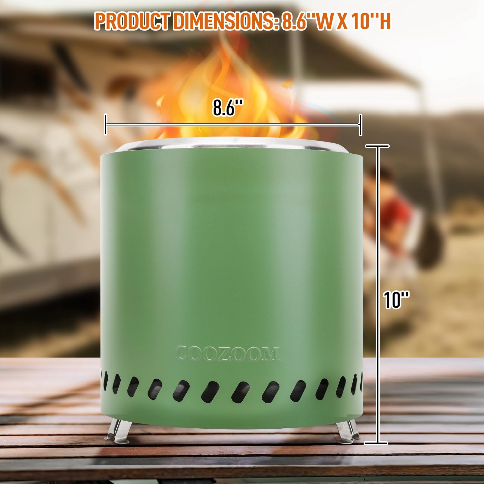 COOZOOM Green Portable Table Top Fire Pit: 10''x8.6''Stainless Steel Mini Outdoor StoveWith Stand,Low Smoke Burning Tabletop Firepit Fueled by Pellets orWood,for Urban & Suburbs