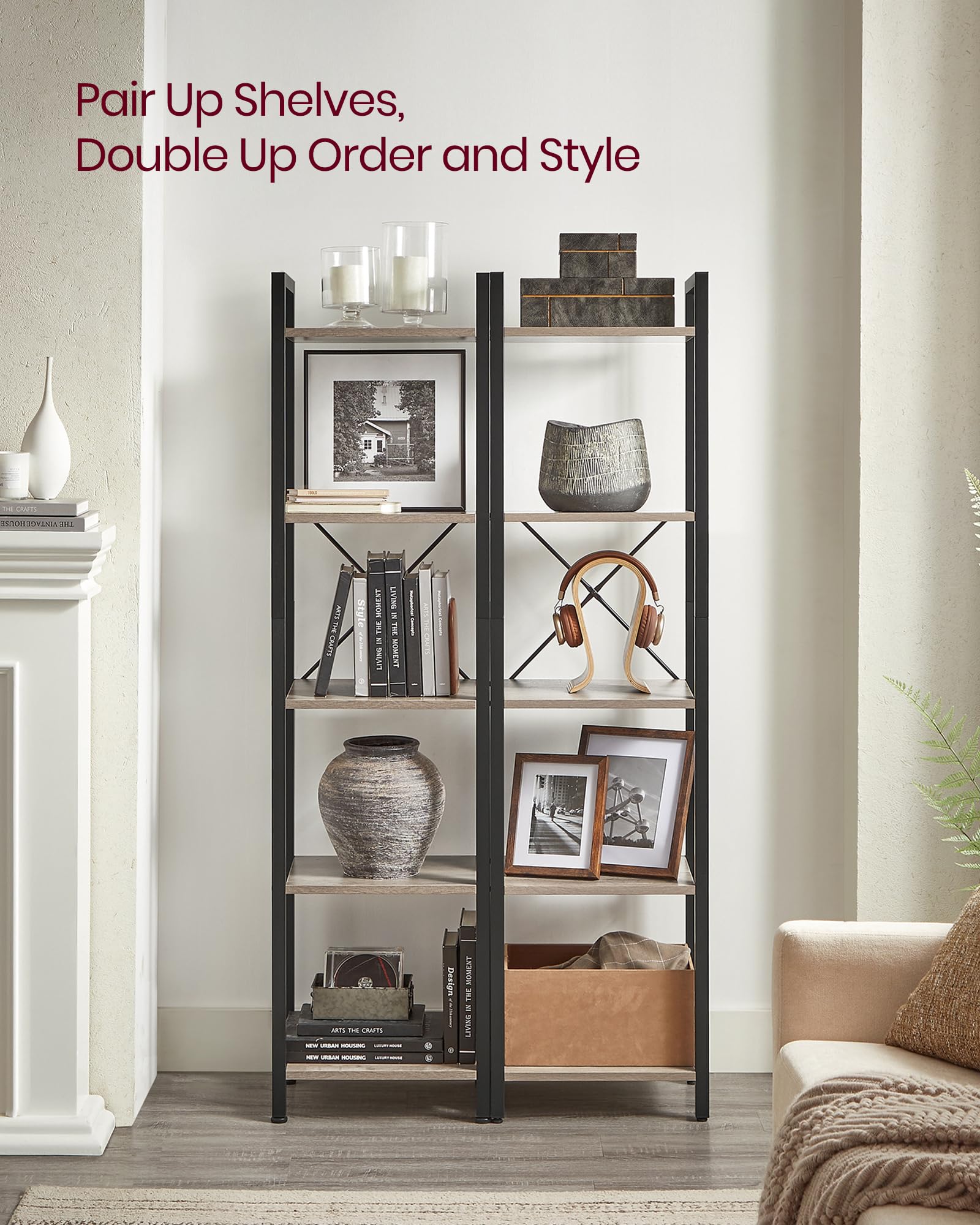 VASAGLE 5-Tier Bookshelf, Bookcase with Steel Frame, Book Shelf for Living Room, Home Office, Study, 11.8 x 15.7 x 60.2 Inches, Industrial Style, Heather Greige and Ink Black ULLS100B02