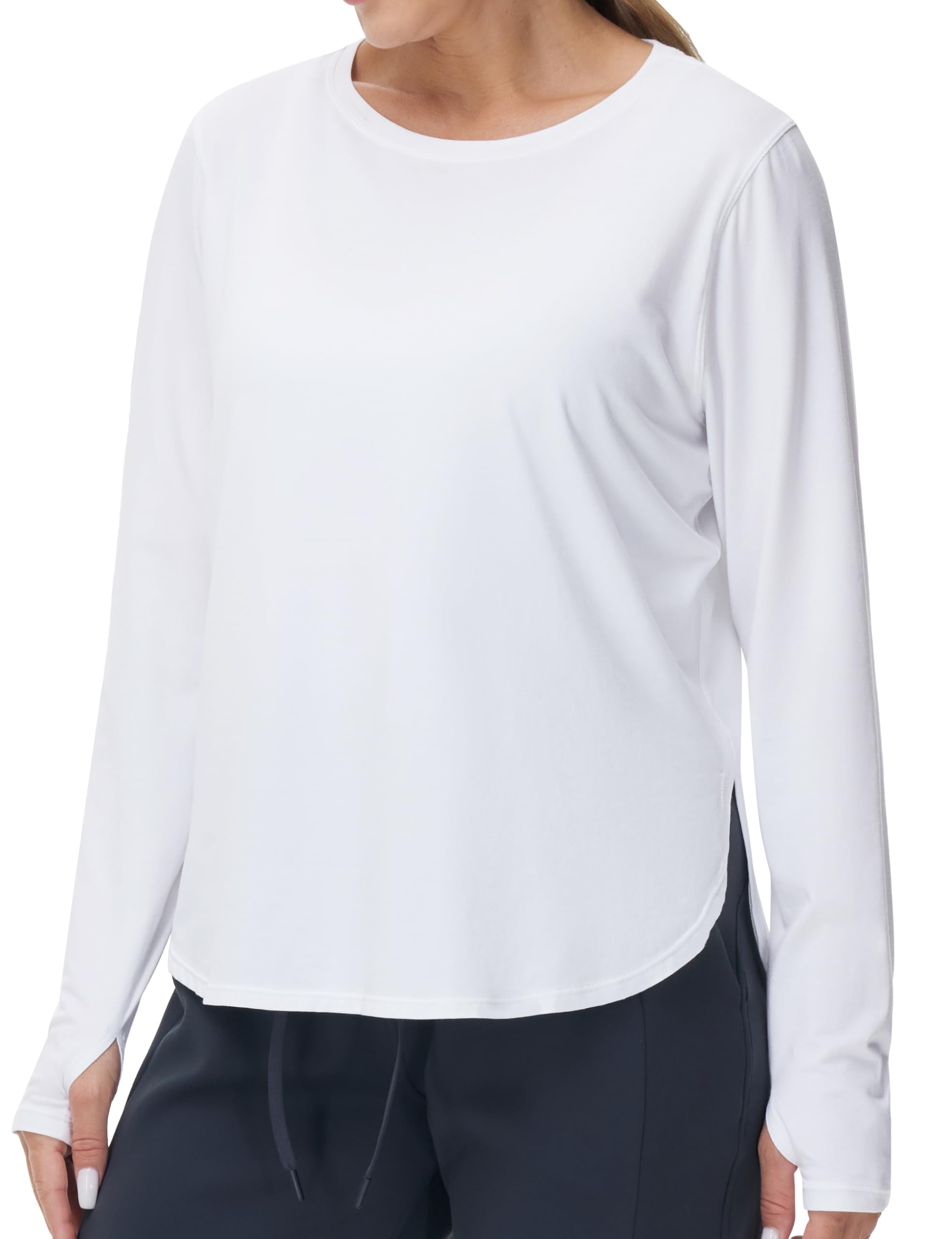 THE GYM PEOPLE Women's Long Sleeve Workout Shirts Lightweight Cotton Running Yoga Tops with Thumb Hole White