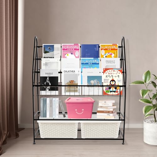 JAJADAH Kids Bookshelf, Large Black Bookcase, Large Capacity Books Toys Organizer for Studio/Den/Craft Room & Mailroom (Black)
