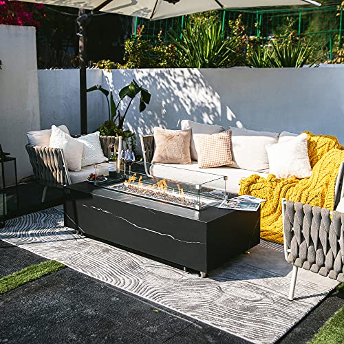 Varna Marble Fire Pit 59.8" x 28" Outdoor Patio Firepit Includes Fire Glass Modern Fire Pits & Outdoor Fireplaces for Garden, Deck, Indoor & Outdoor Heating