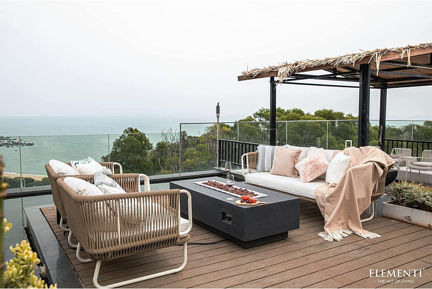Elementi Granville Gas Fire Pit Cast Concrete Fire Table, Outdoor Fire Pit Electronic Ignition | Canvas Cover, Lava Rock Included | Free AMS Wind Guard & Table-top Firepit | Dark Gray (Natural Gas)