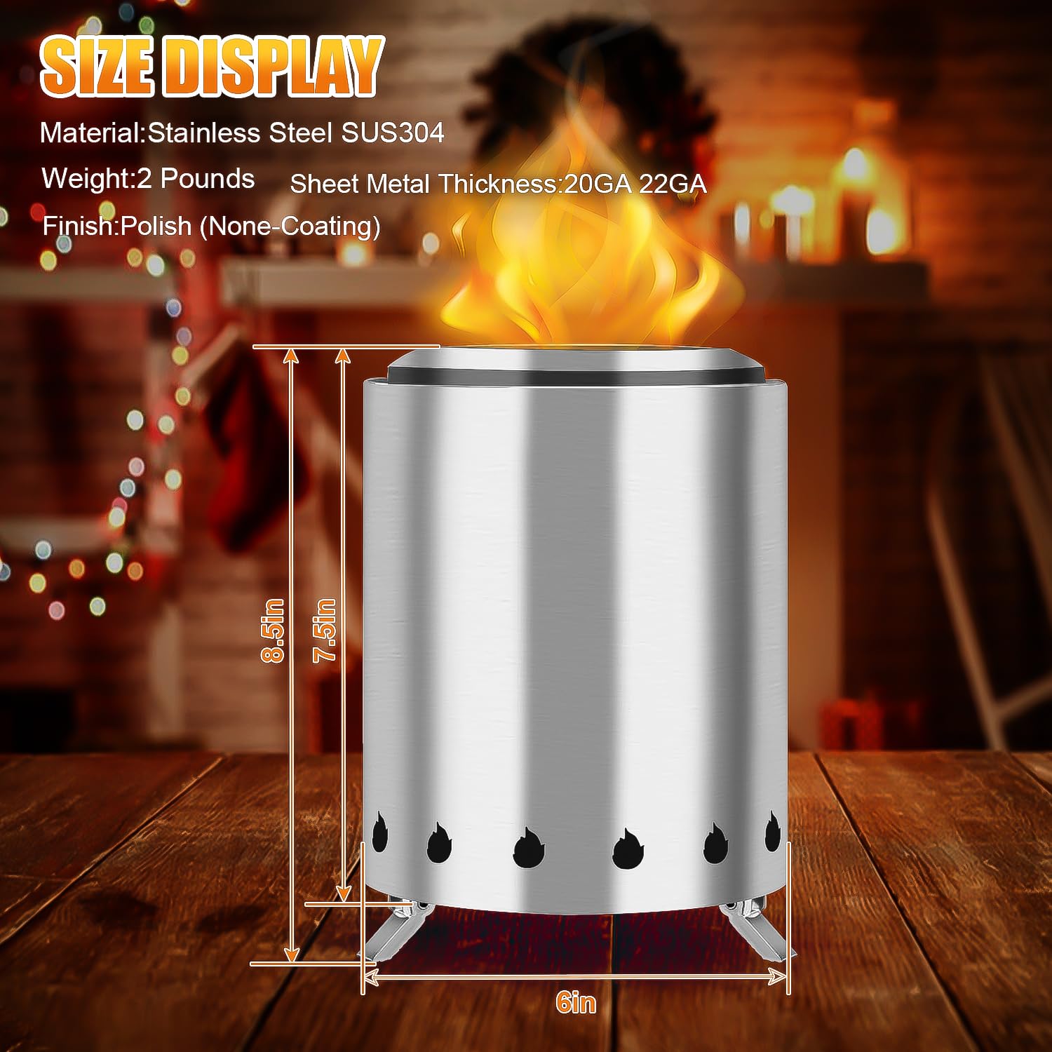 Tabletop Fire Pit, Mini Table Top Firepit with Flodable Stand, Stainless Steel Outdoor Fire Pit for Camping, Fueled by Pellets or Wood, Low Smoke and Safe Burning, Diameter 6" Height 7.5"