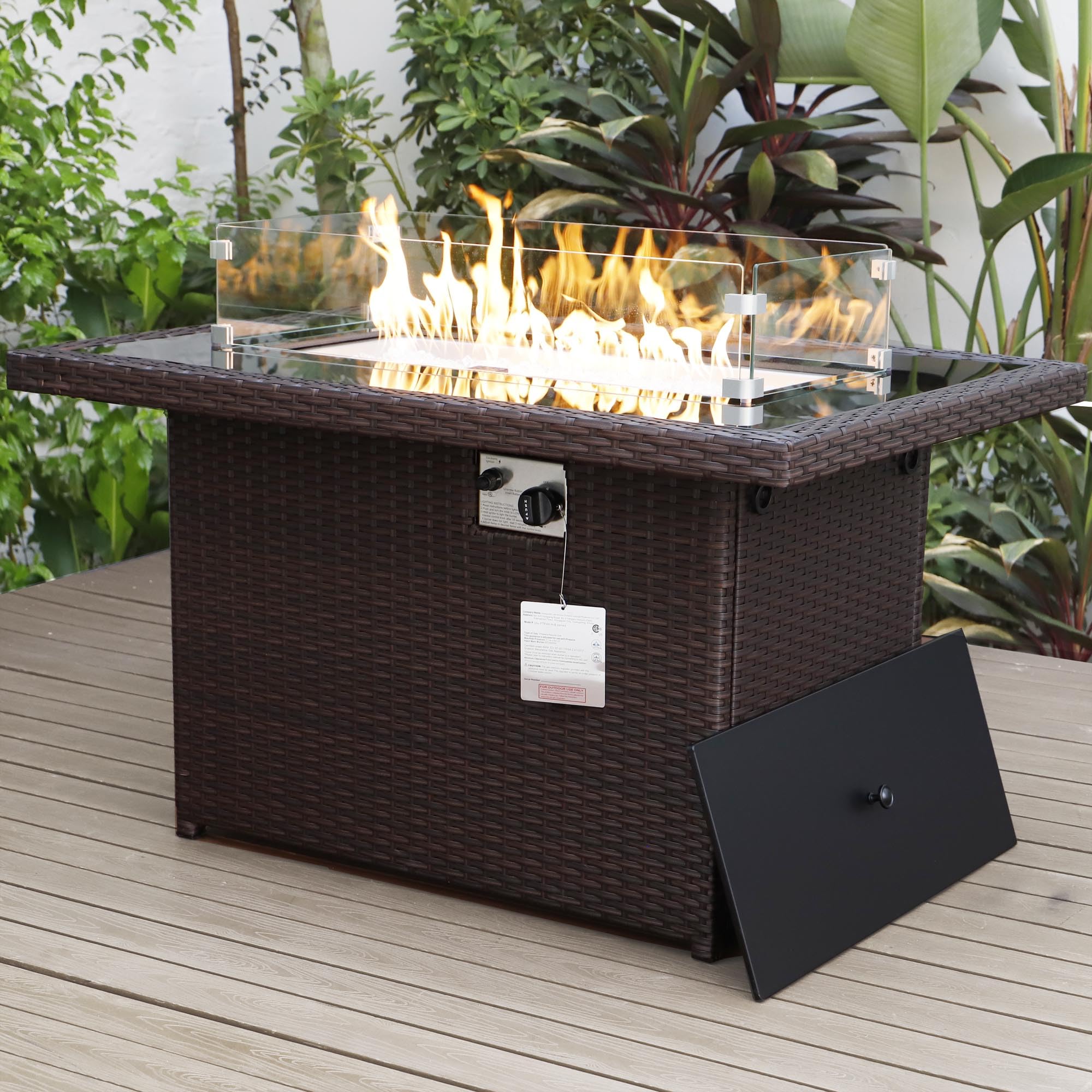 NICESOUL Wicker Outdoor Fire Pit Table Natural Gas/Propane, 43'' Rectangular Firepit Table for Outside, 55000 BTU Patio Fireplace Tables with Windguard&Glass Rocks&Cover, Modern CSA Firepits, Brown