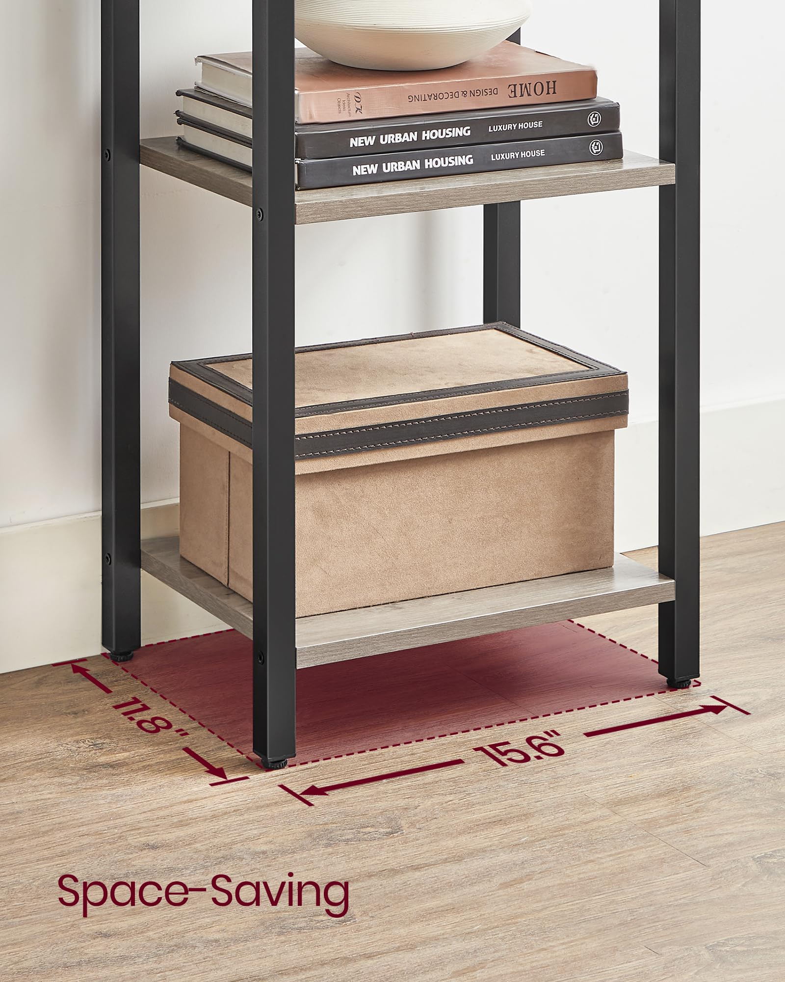 VASAGLE 5-Tier Bookshelf, Bookcase with Steel Frame, Book Shelf for Living Room, Home Office, Study, 11.8 x 15.7 x 60.2 Inches, Industrial Style, Heather Greige and Ink Black ULLS100B02