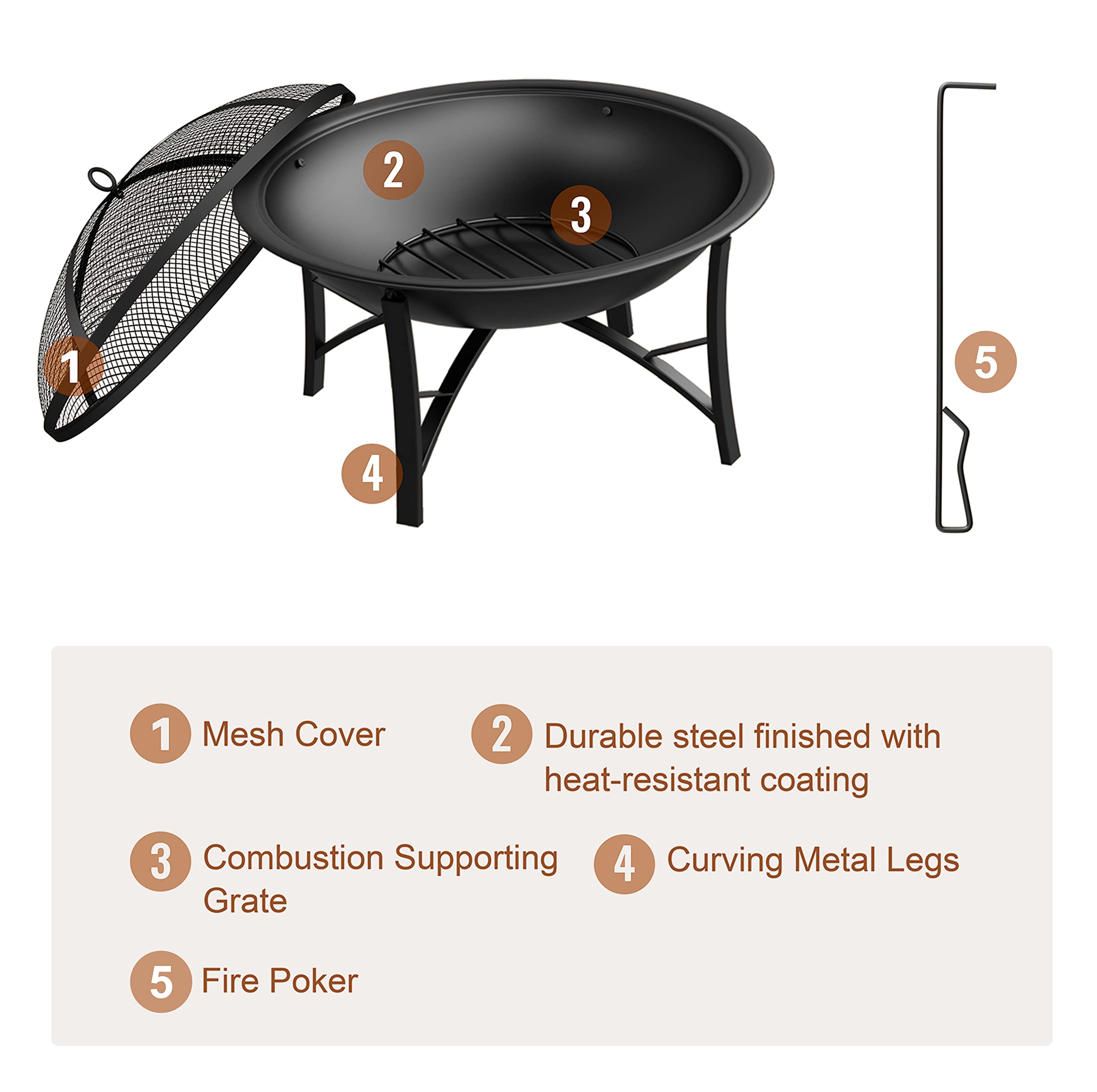 Fire Beauty Fire Pit for Outside Wood Burning,BBQ Grill Steel Fire Bowl with Spark Screen Cover,Log Grate,Poker for Camping Beach Bonfire Picnic Backyard Garden