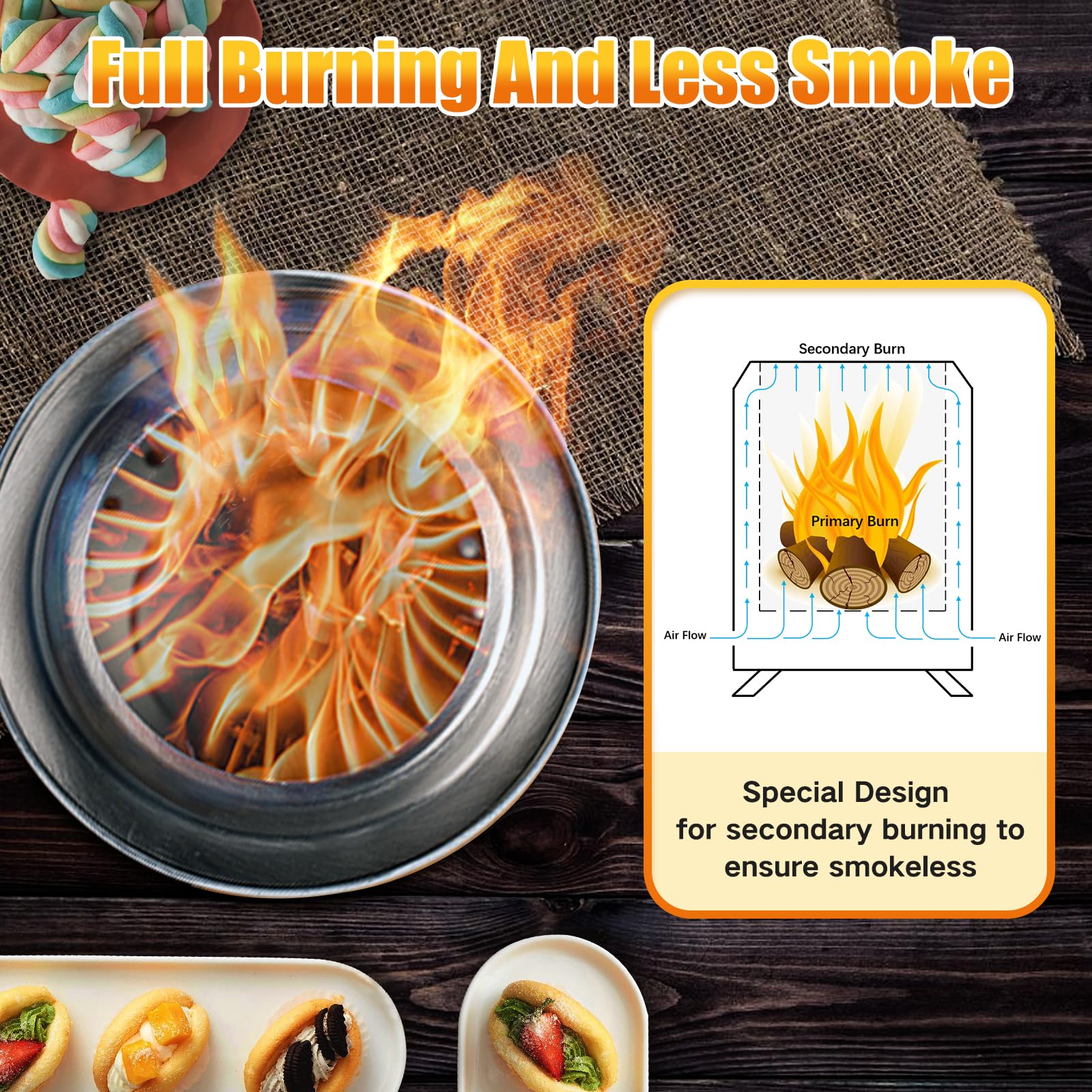Tabletop Fire Pit, Mini Table Top Firepit with Flodable Stand, Stainless Steel Outdoor Fire Pit for Camping, Fueled by Pellets or Wood, Low Smoke and Safe Burning, Diameter 6" Height 7.5"