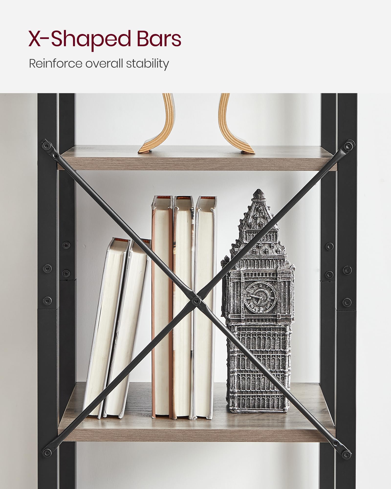 VASAGLE 5-Tier Bookshelf, Bookcase with Steel Frame, Book Shelf for Living Room, Home Office, Study, 11.8 x 15.7 x 60.2 Inches, Industrial Style, Heather Greige and Ink Black ULLS100B02