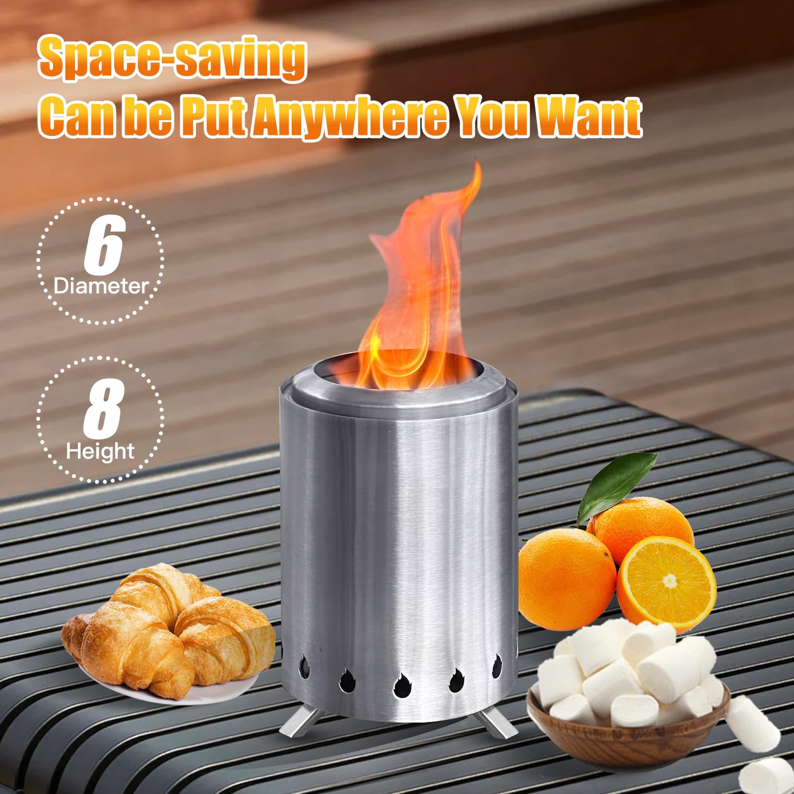 Tabletop Fire Pit, Mini Table Top Firepit with Flodable Stand, Stainless Steel Outdoor Fire Pit for Camping, Fueled by Pellets or Wood, Low Smoke and Safe Burning, Diameter 6" Height 7.5"