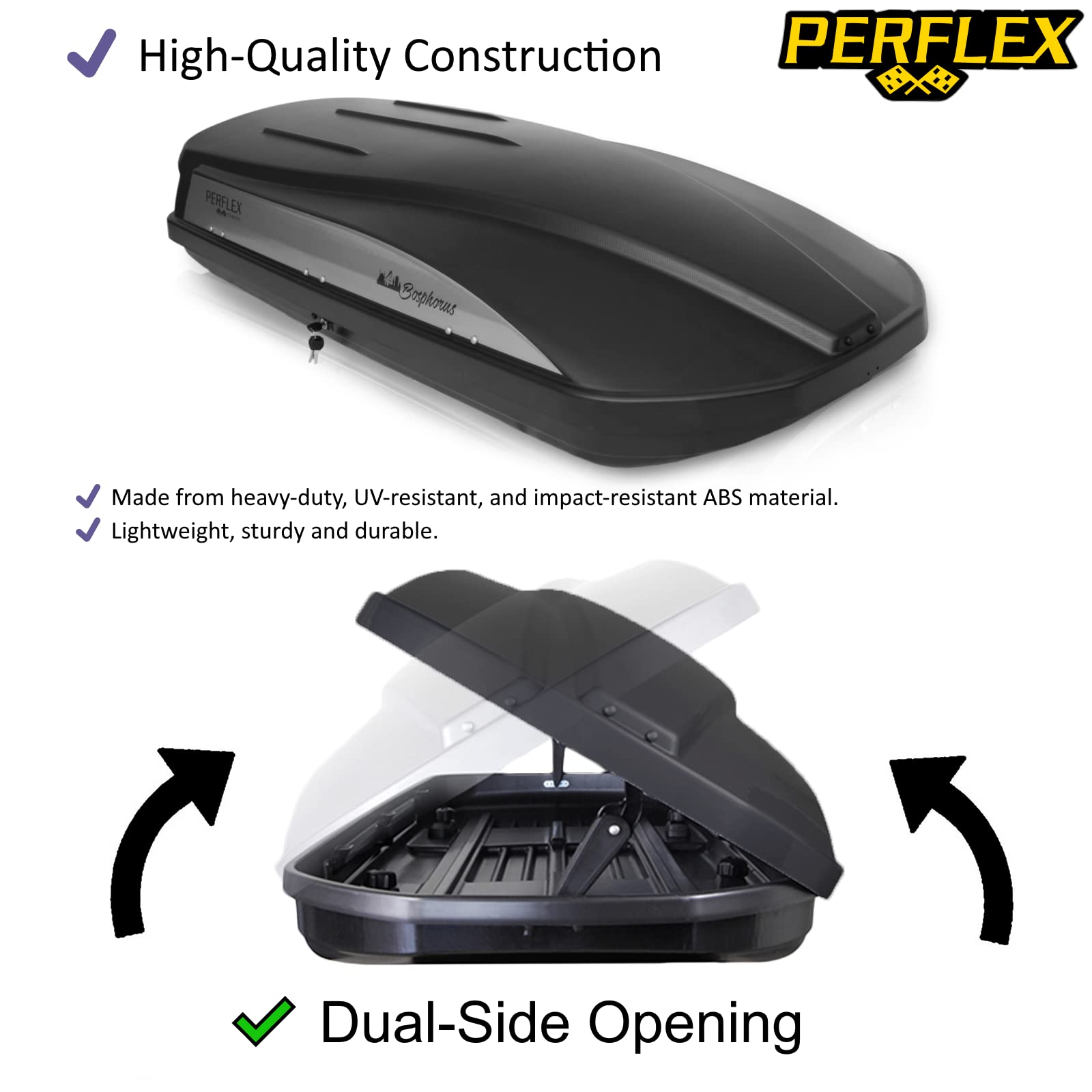 Perflex Bosphorus Rooftop Cargo Box Carrier Large 17 Cubic Feet Car Top Mount Travel Luggage Storage, Dual Side Opening, 130 Lbs Weight Capacity, Extra Keys, Straps (Black)