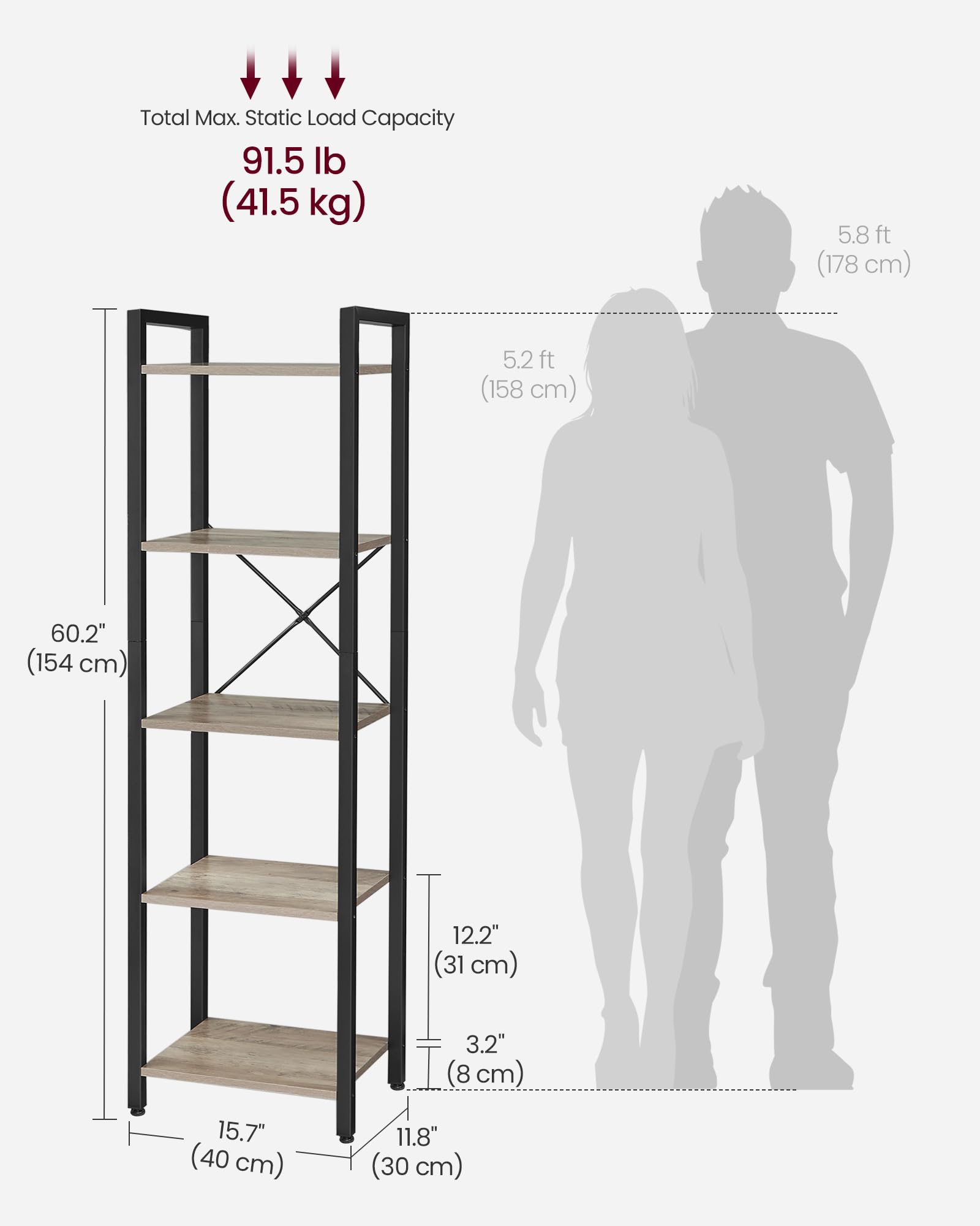 VASAGLE 5-Tier Bookshelf, Bookcase with Steel Frame, Book Shelf for Living Room, Home Office, Study, 11.8 x 15.7 x 60.2 Inches, Industrial Style, Heather Greige and Ink Black ULLS100B02